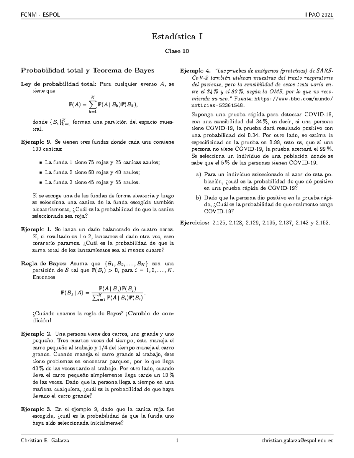 Clase 10 Est1 Christian Galarza 2021 - FCNM - ESPOL I PAO 2021 Estad ́ıstica I Clase 10 ...