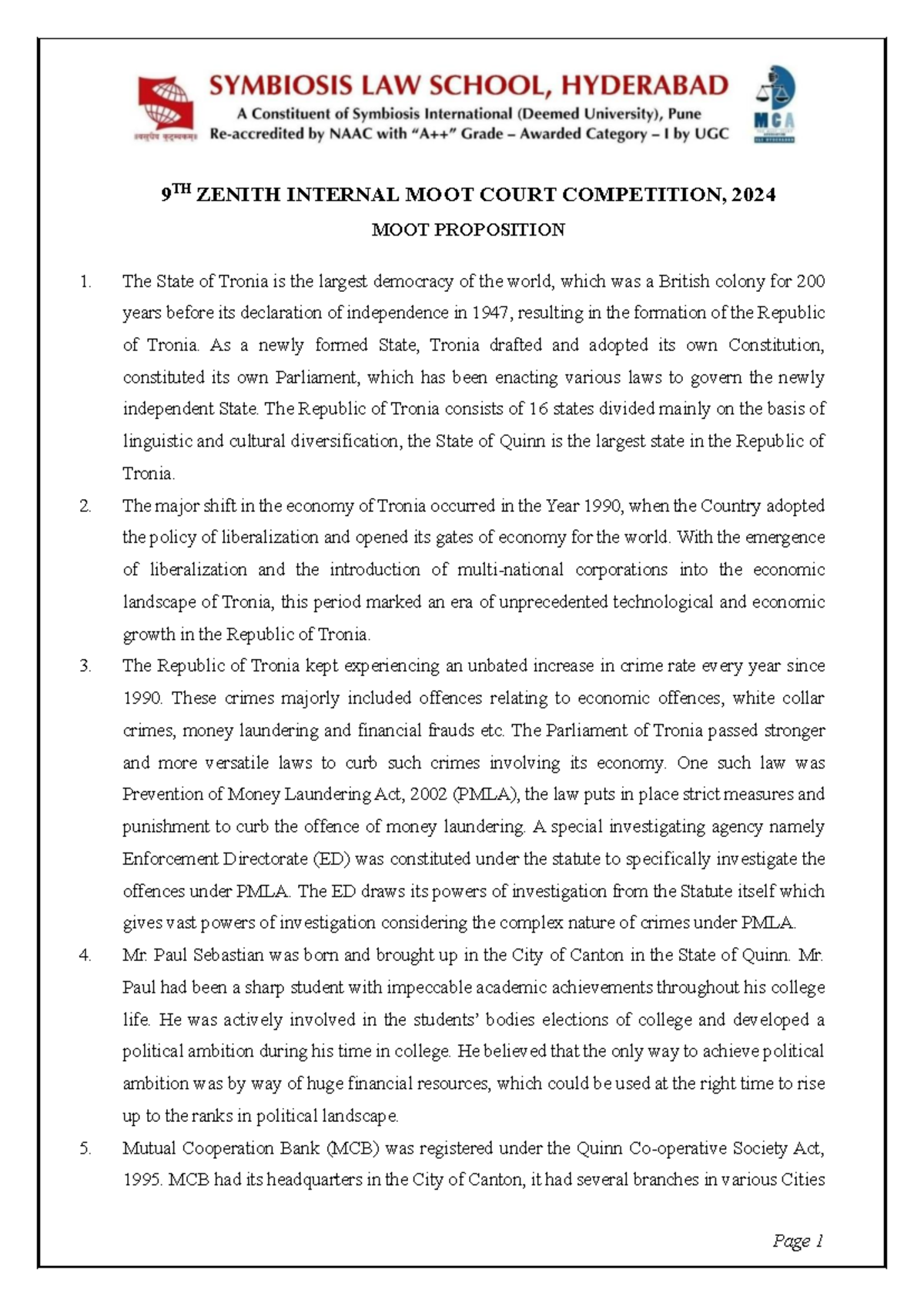 Moot Proposition - 9th Zenith Internal Moot Court Competition 2024 - 9 ...