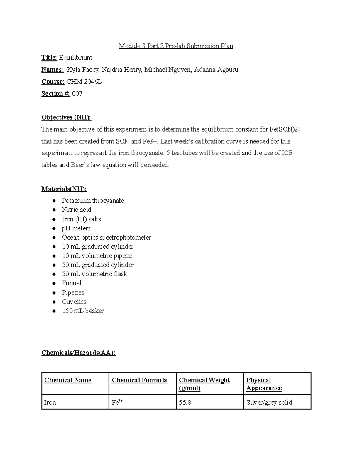 Module 3 Part 2 - chem lab - Module 3 Part 2 Pre-lab Submission Plan Title: Equilibrium Names ...