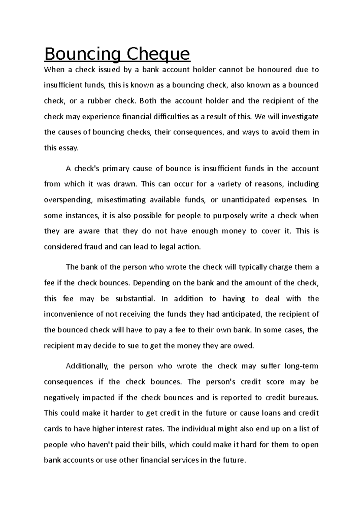 Bouncing Cheque - The bank of the person who wrote the check will ...