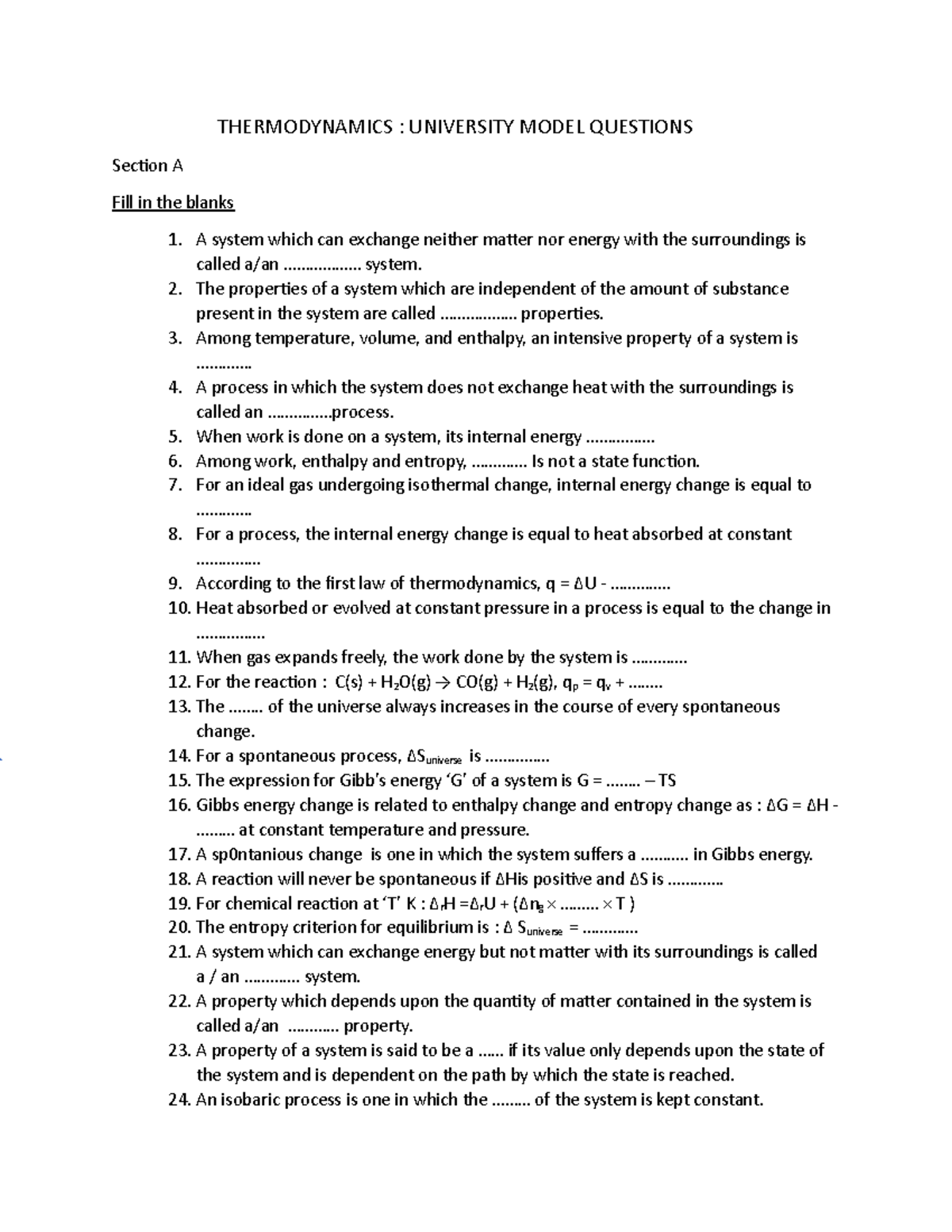 University Model Questions - THERMODYNAMICS : UNIVERSITY MODEL ...