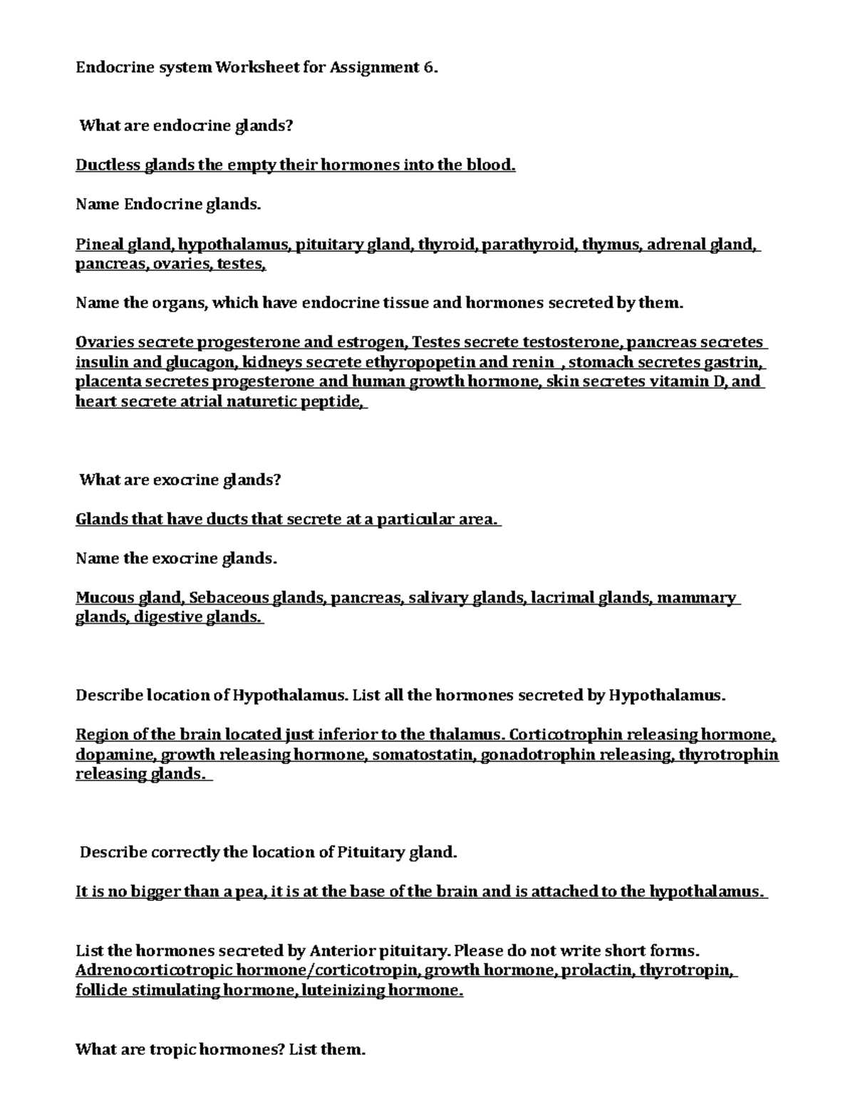 Endocrine system Worksheet HW - What are endocrine glands? Ductless ...