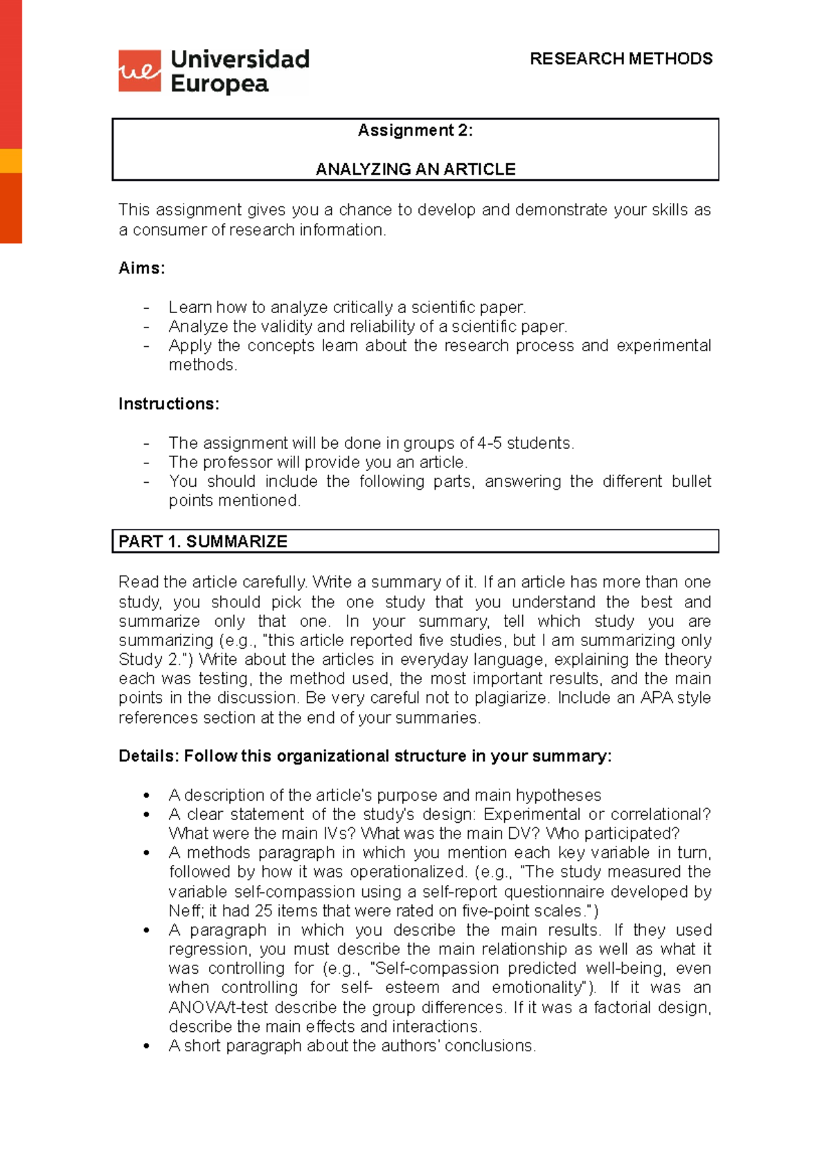 Assignment 2 Research Methods 23-24 - RESEARCH METHODS Assignment 2: ANALYZING AN ARTICLE This ...
