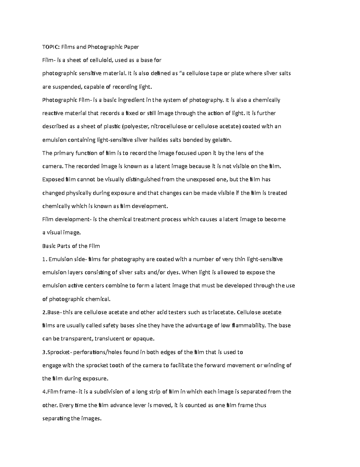 Forensic Photography Notes 8 - TOPIC: Films and Photographic Paper Film ...