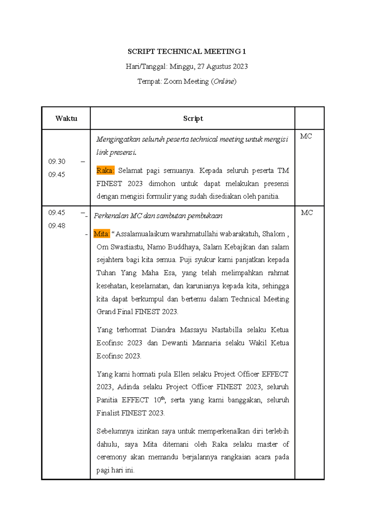 Script Technical Meeting 1 - SCRIPT TECHNICAL MEETING 1 Hari/Tanggal ...