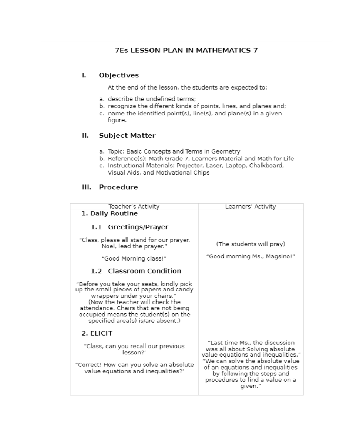7E's Lesson Plan in Mathematics - 7Es LESSON PLAN IN MATHEMATICS 7 I ...