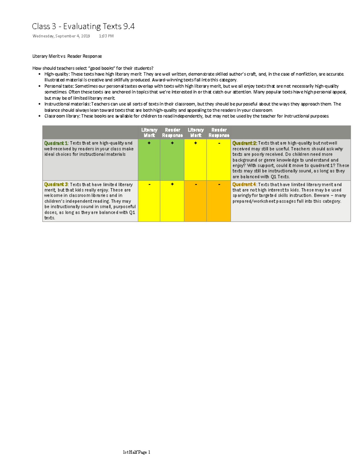 Class 3 - Evaluating Texts - Literary Merit vs. Reader Response How ...