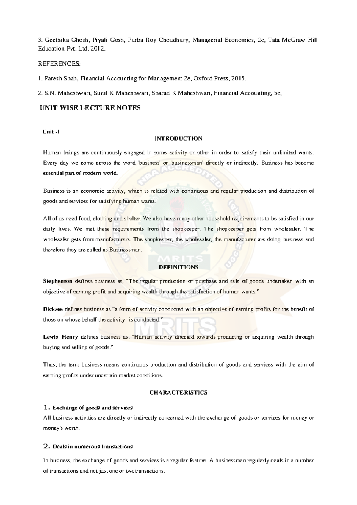 BEFA U1 - BEFA notes unit 1 mrcet JNTUH - 3. Geethika Ghosh, Piyali ...