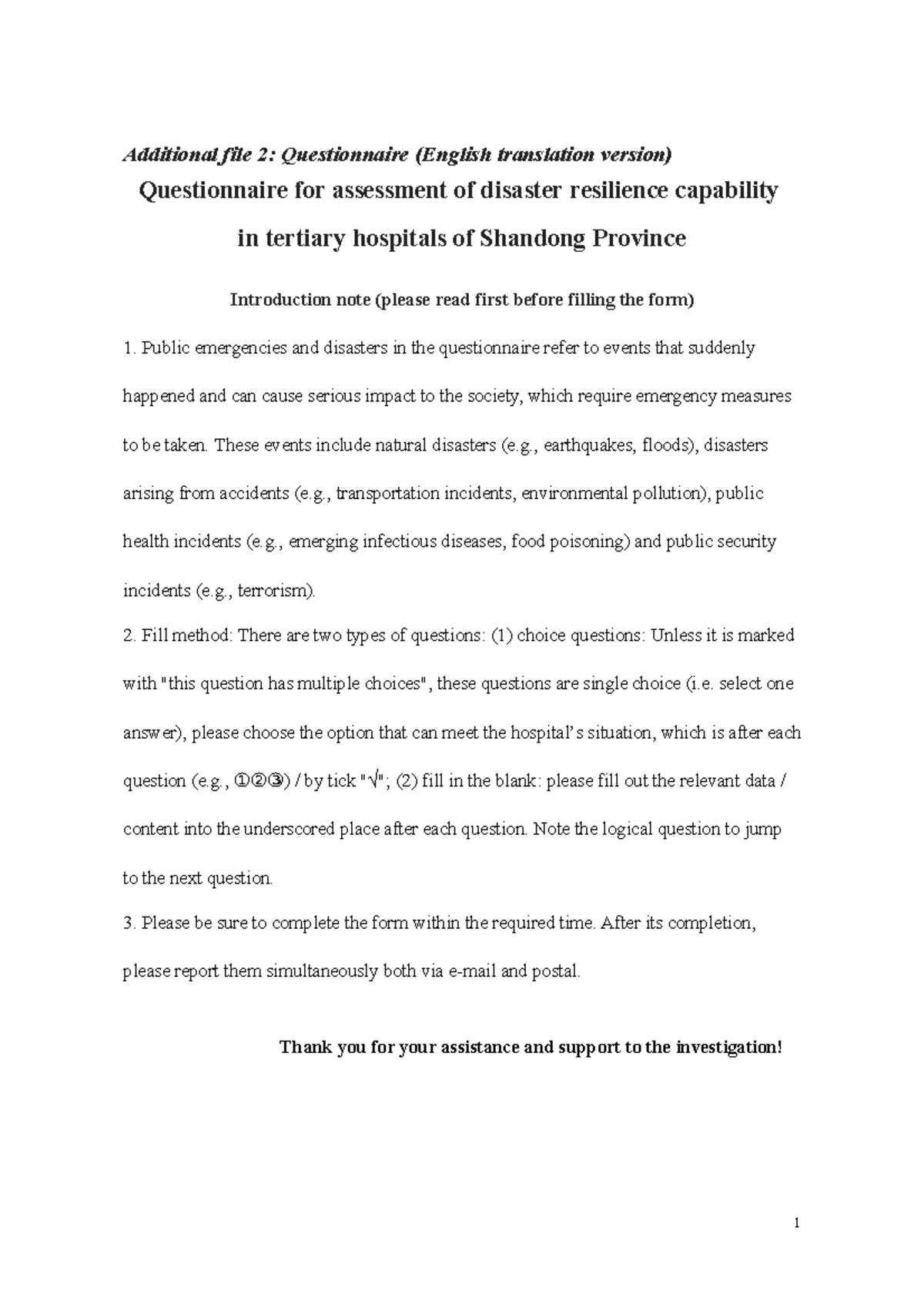 Questionnaire Moesm 2 ESM - Additional file 2: Questionnaire (English ...