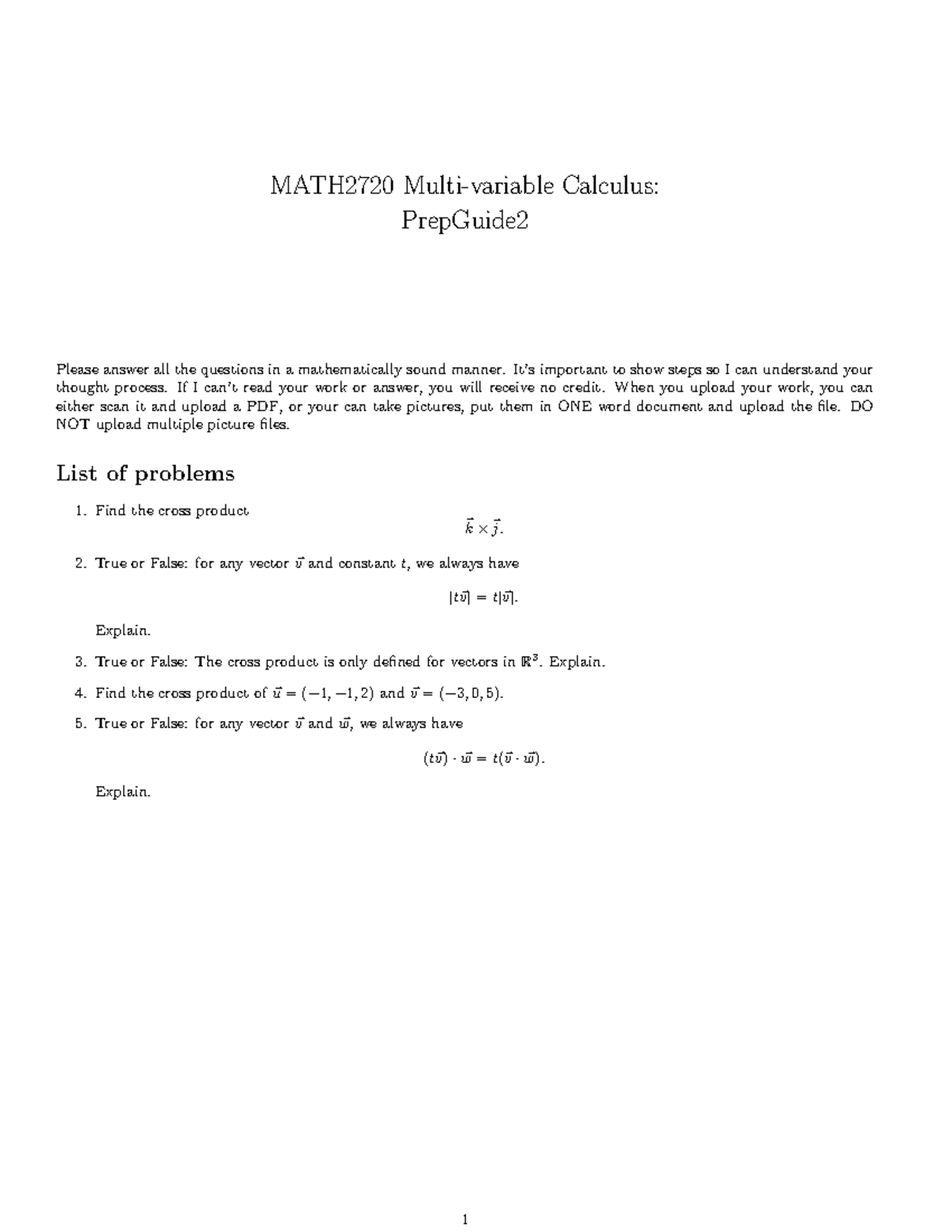 2021 Fmath 2720 Prep Guide 2 - MATH2720 Multi-variable Calculus: PrepGuide Please answer all the ...