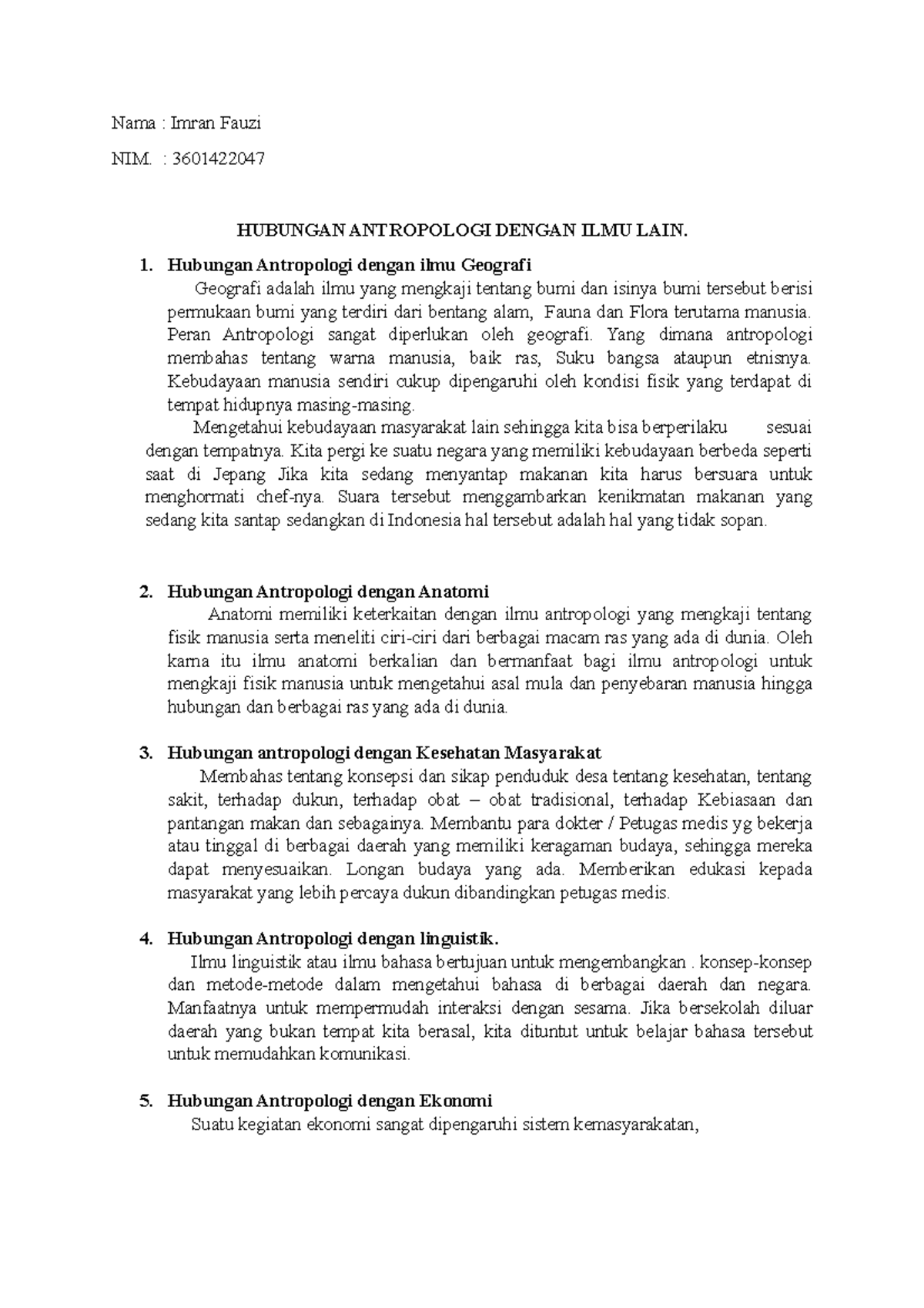 Hubungan Antropologi - Nama : Imran Fauzi NIM. : 3601422047 HUBUNGAN ...