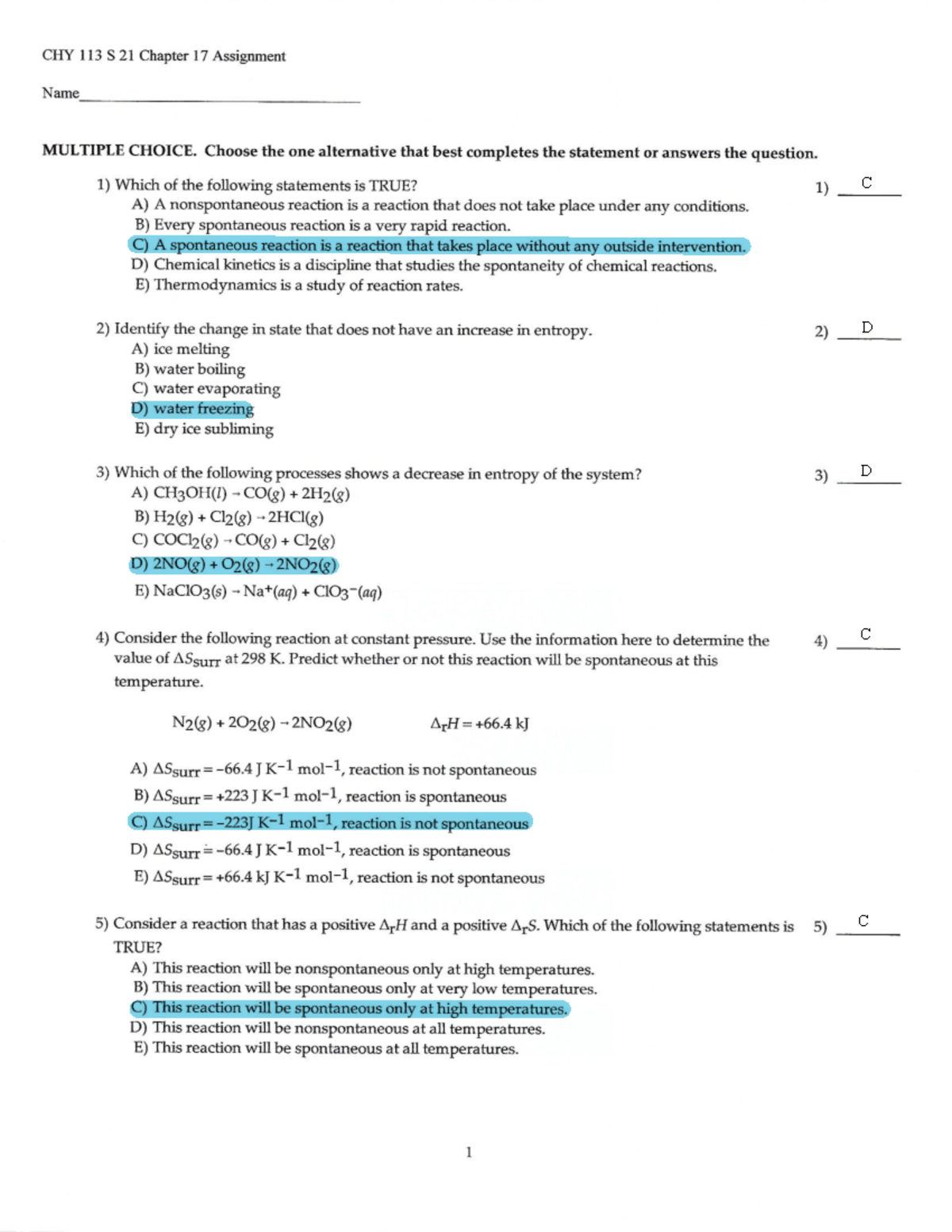 CHY 113 Chapter 17 Assignment - CHY 113 - Studocu