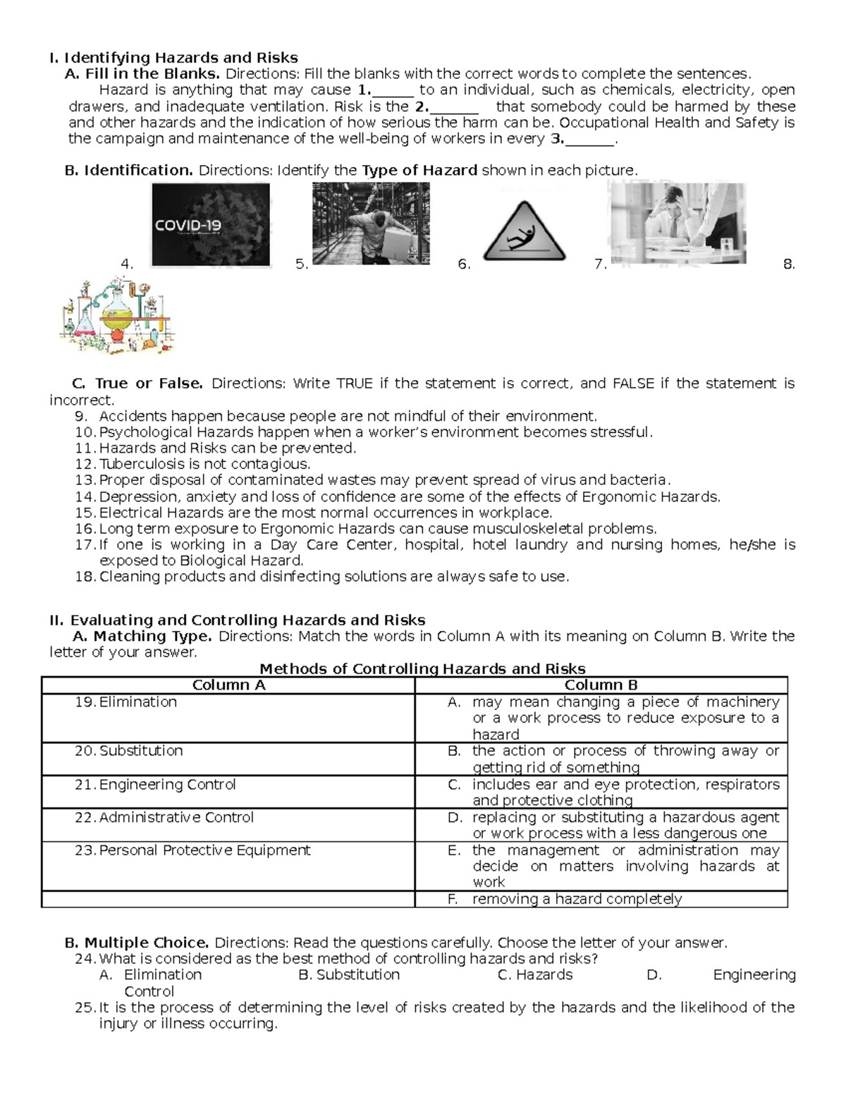 Long Test Week 5 6 Caregiving - I. Identifying Hazards and Risks A ...
