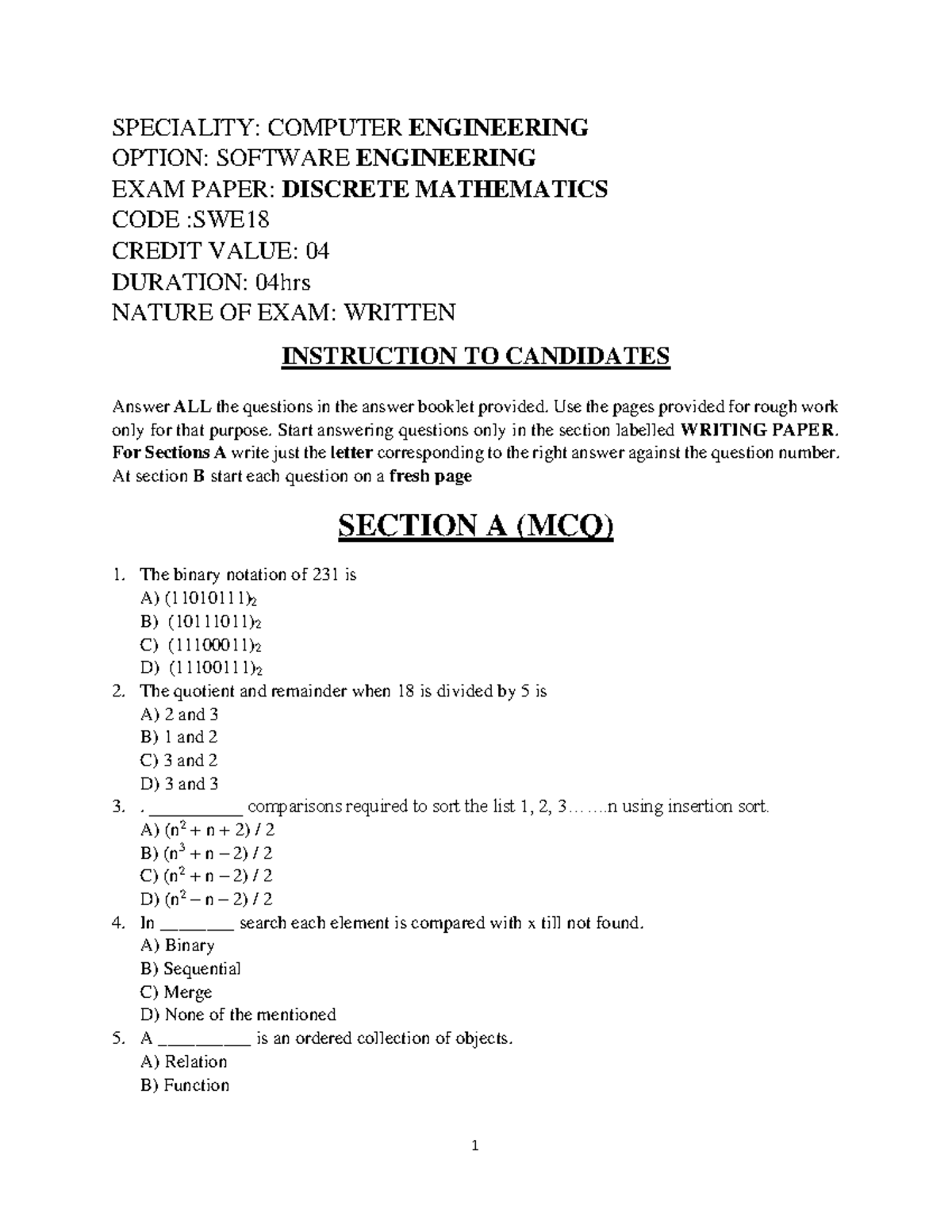 Discrete Mathematics Setting B - SPECIALITY: COMPUTER ENGINEERING ...