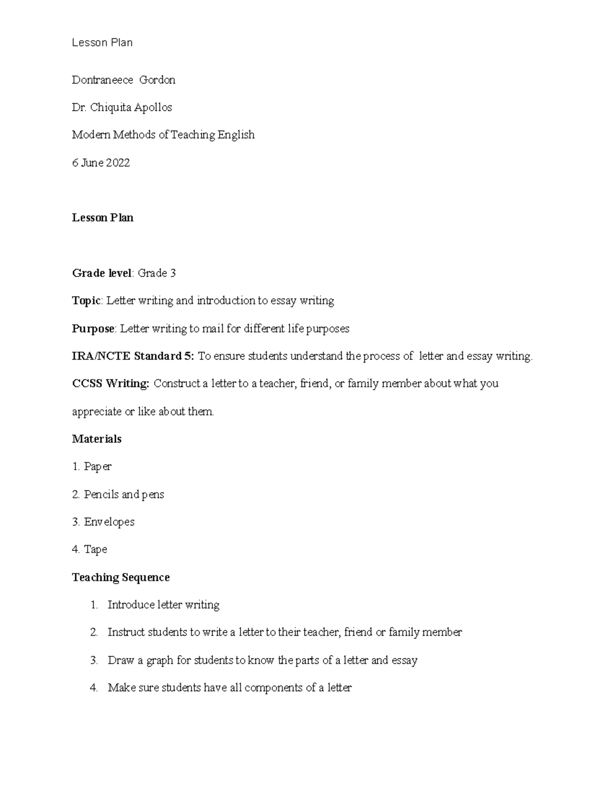 Chapter 1 Lesson Plan - Dontraneece Gordon Dr. Chiquita Apollos Modern ...