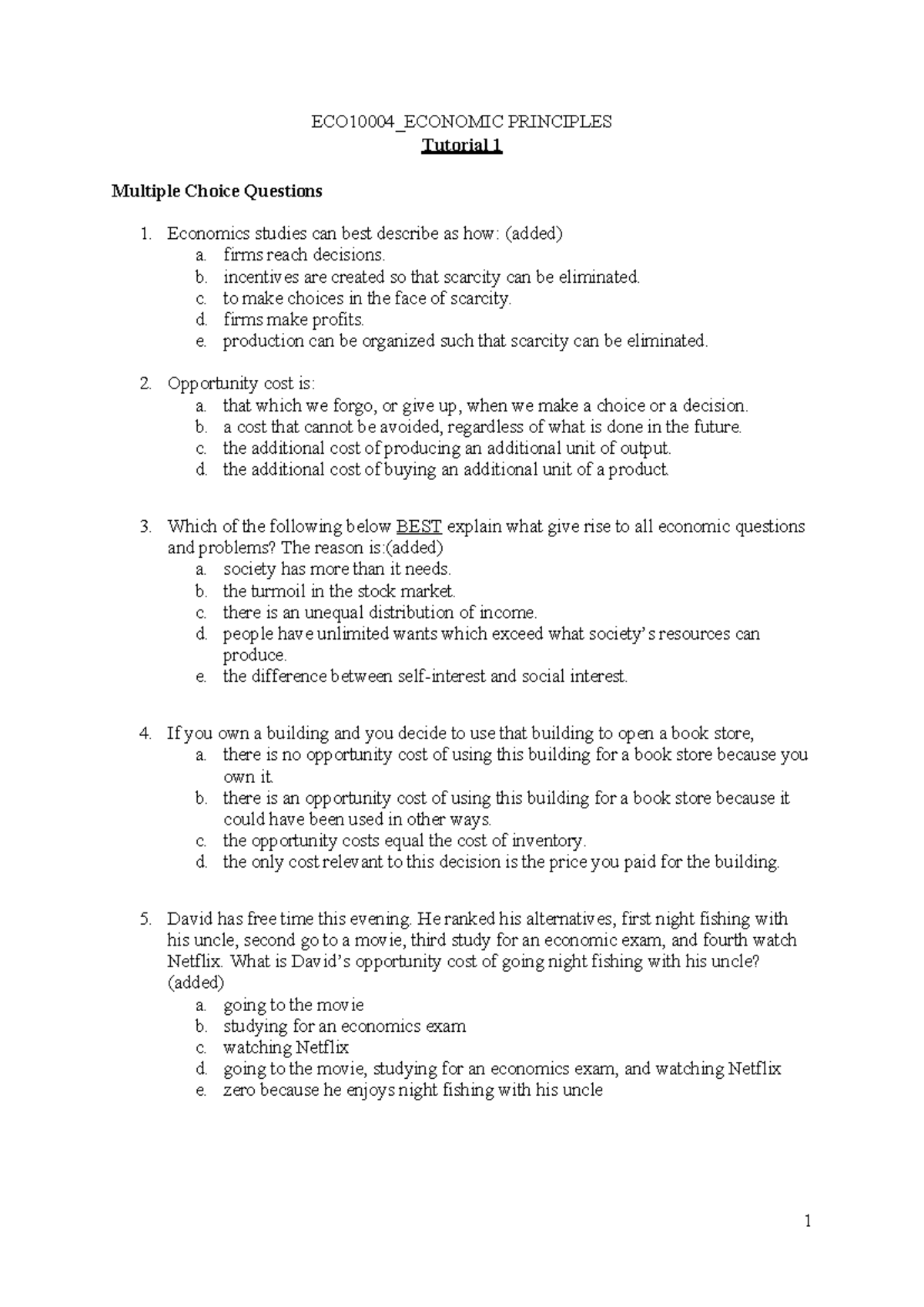 ECO10004 Tutorial 1 - ECO10004_ECONOMIC PRINCIPLES Tutorial 1 Multiple ...