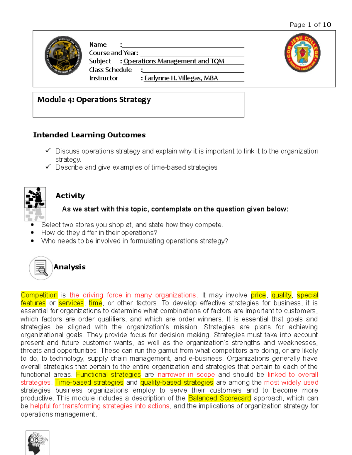 TQM Module 4 Operations Strategy - Intended Learning Outcomes Discuss operations strategy and ...