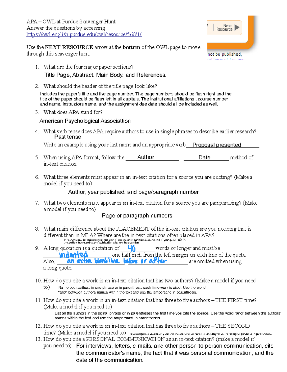 APA+hunt - APA Hunt answers - APA – OWL at Purdue Scavenger Hunt Answer ...