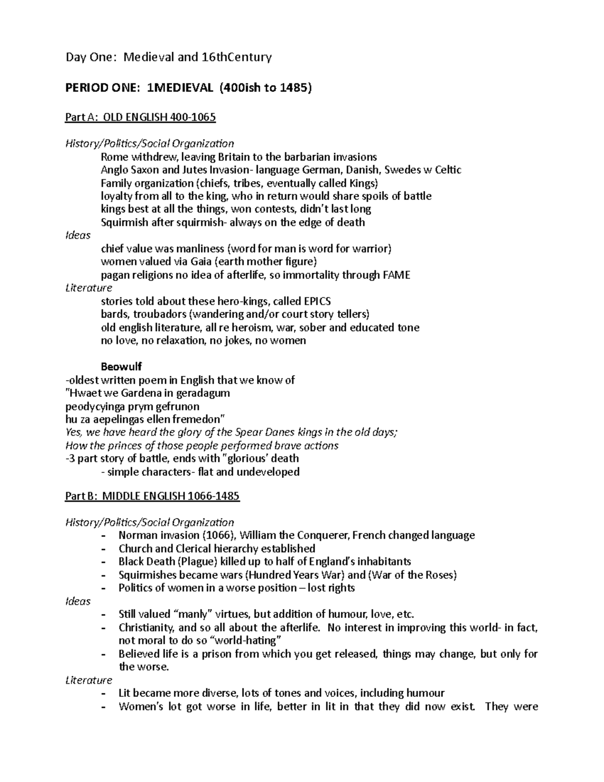 Medieval and 16th Century - Day One: Medieval and 16thCentury PERIOD ...