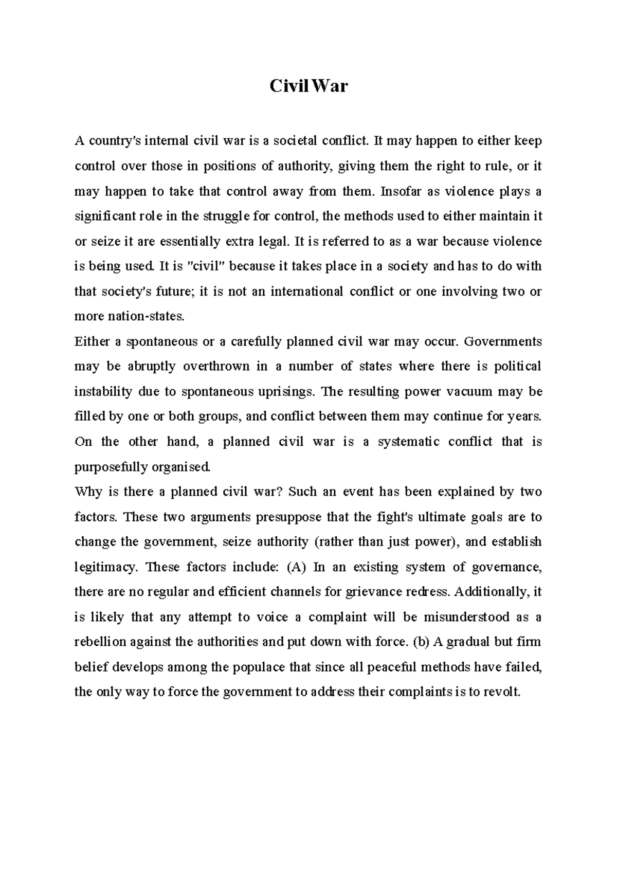 Civil War - Civil War A country's internal civil war is a societal ...