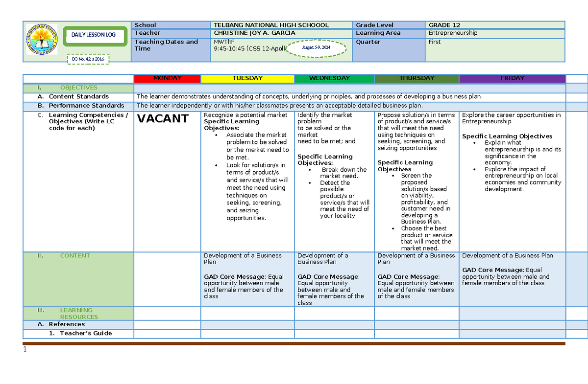 Entrep-DLL Week 2 - DLL - School TELBANG NATIONAL HIGH SCHOOOL Grade ...