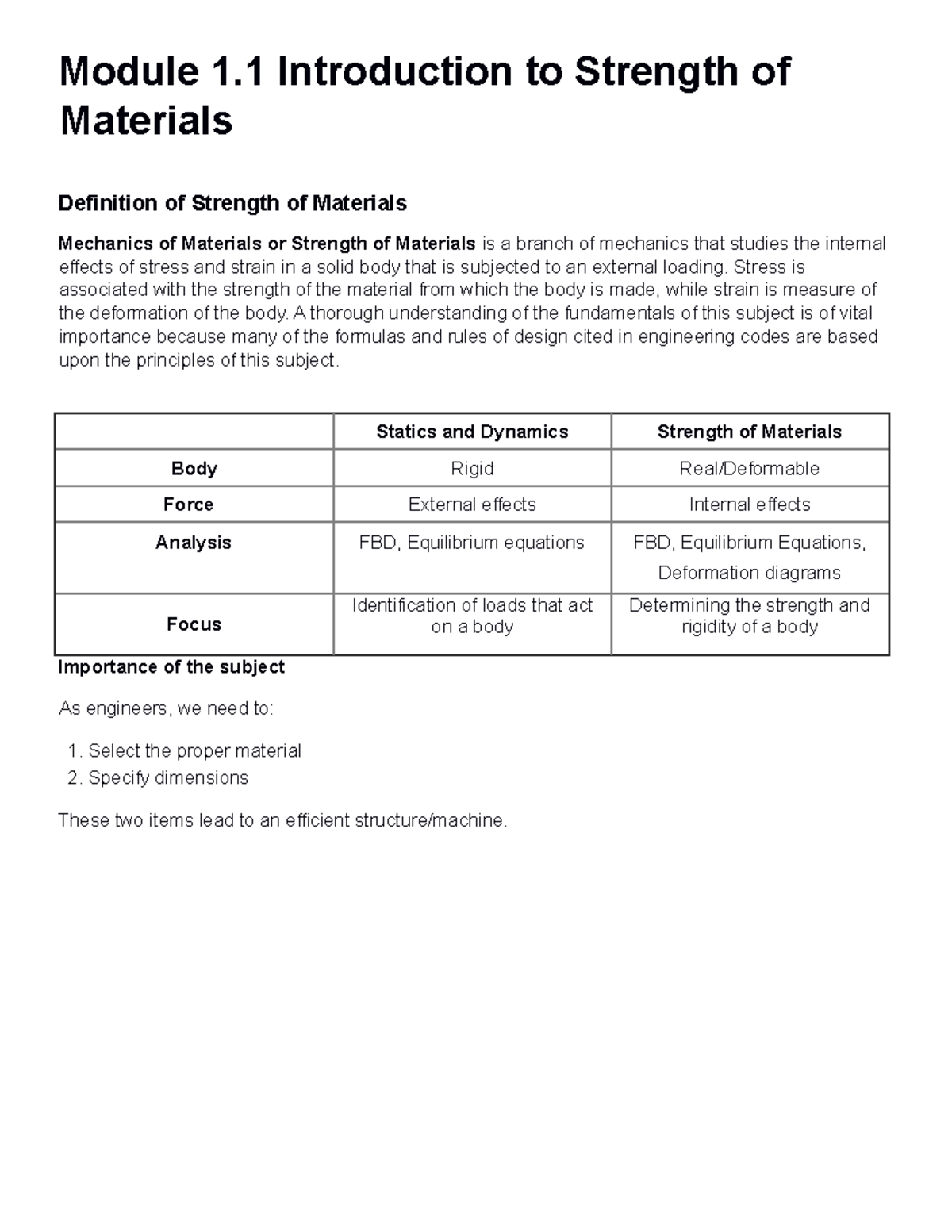 Module 1.1 Introduction to Strength of Materials CE 205 - Mechanics of ...