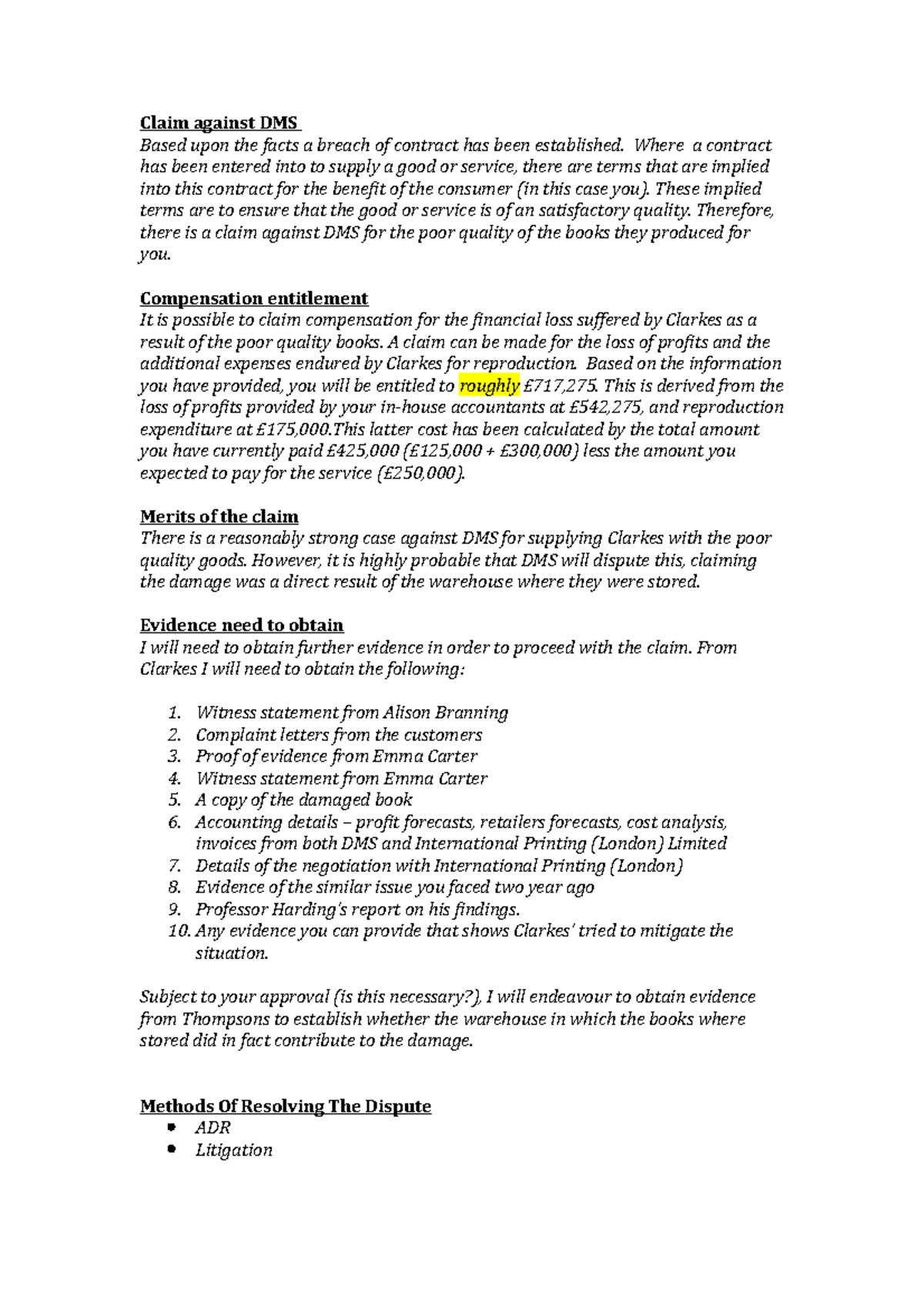 Civil Lit - Letter to Client - Example - Claim against DMS Based upon ...