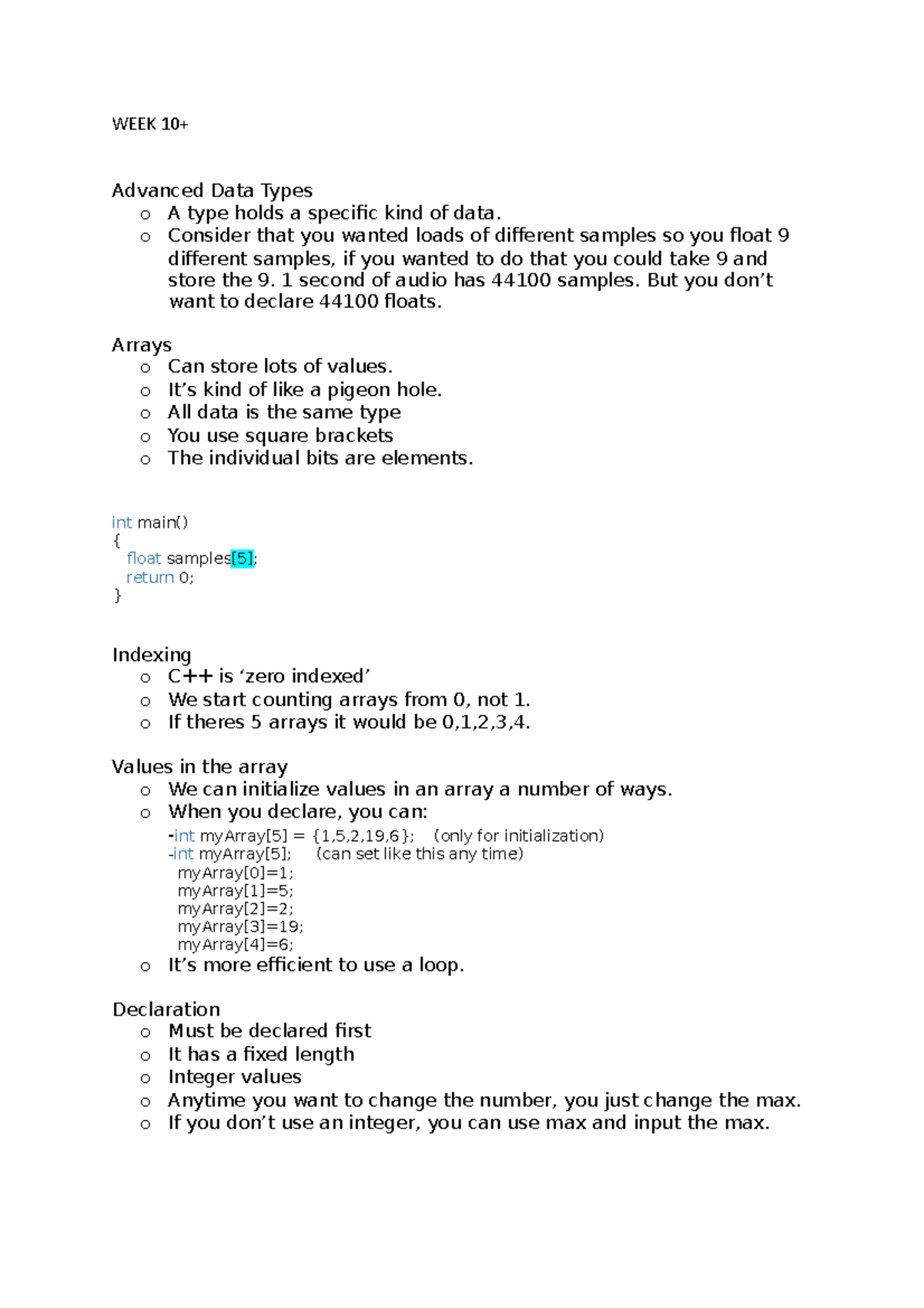 Programming notes pt 2 copy - WEEK Advanced Data Types o A type holds a ...