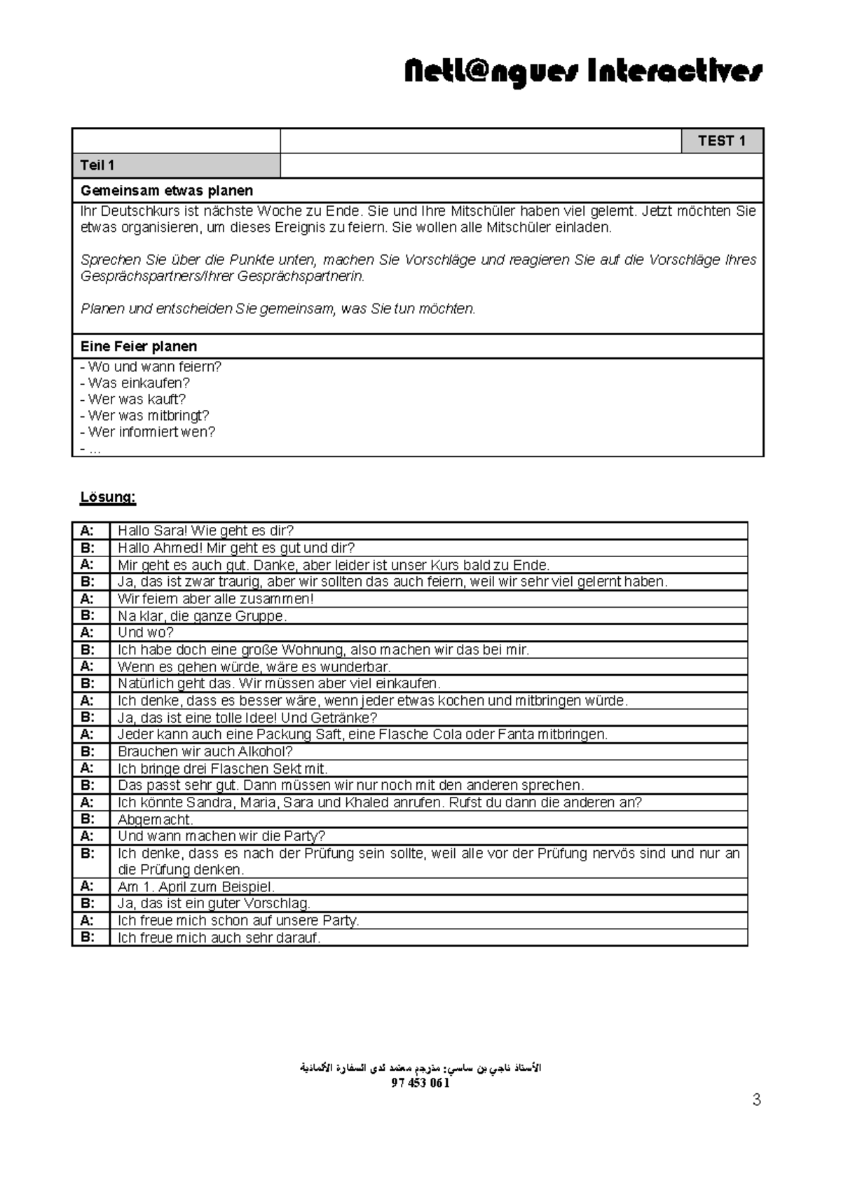 B1 Sprechen Goethe B1 Niveus - رة ا ى ا : ذ ا 97453061 TEST 1 - Studocu