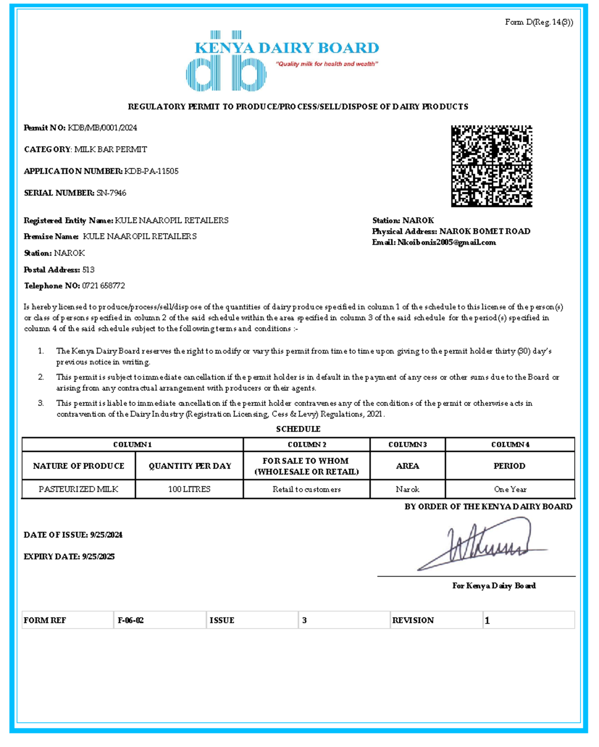 KULE Permit-1 - NONE - Form D(Reg. 14(3)) REGULATORY PERMIT TO PRODUCE ...