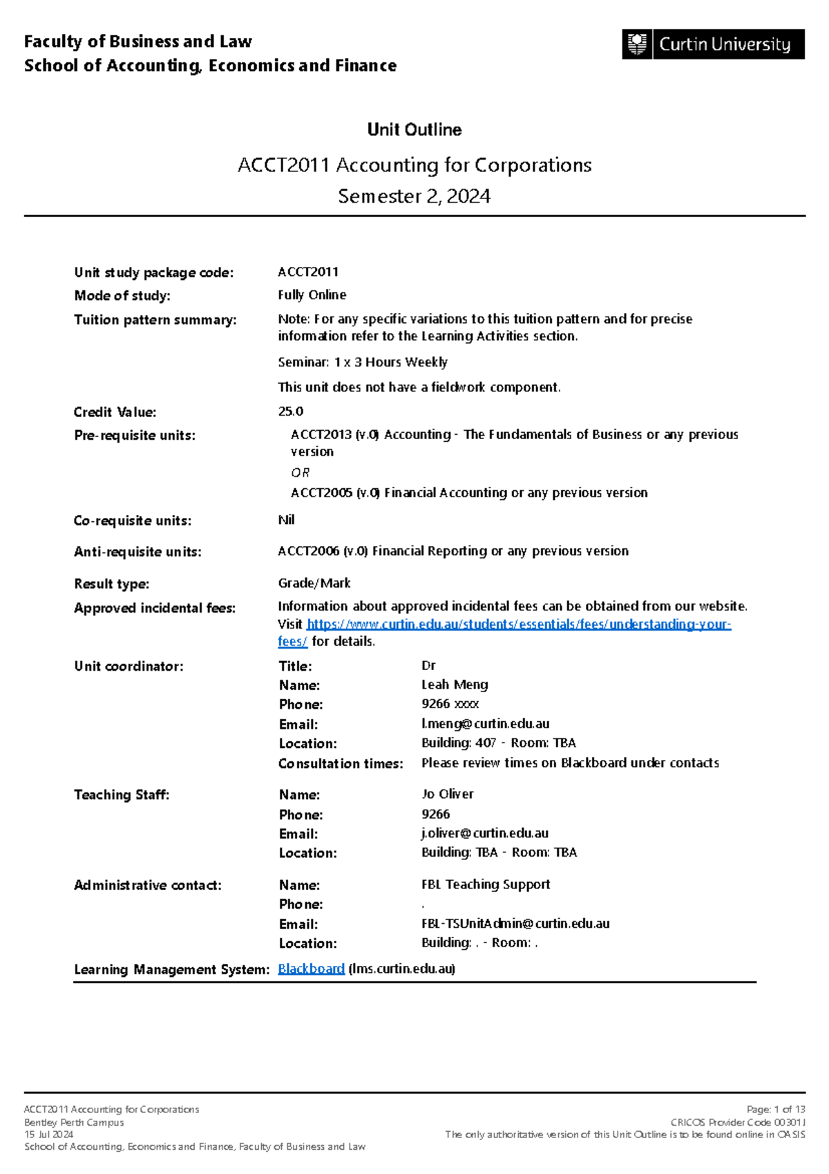 ACCT2011 Accounting for Corporations Semester 2 2024 Bentley Perth ...