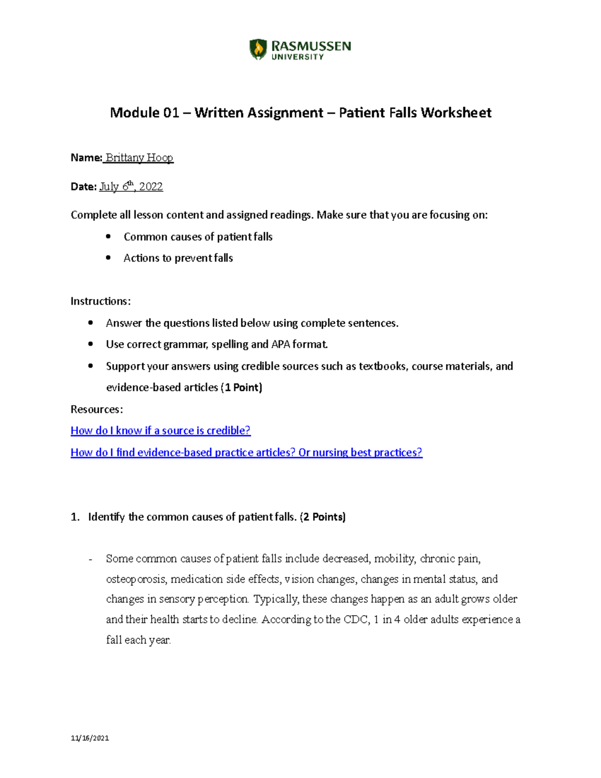 PN1 Module 1 Worksheet - Module 01 – Written Assignment – Patient Falls ...