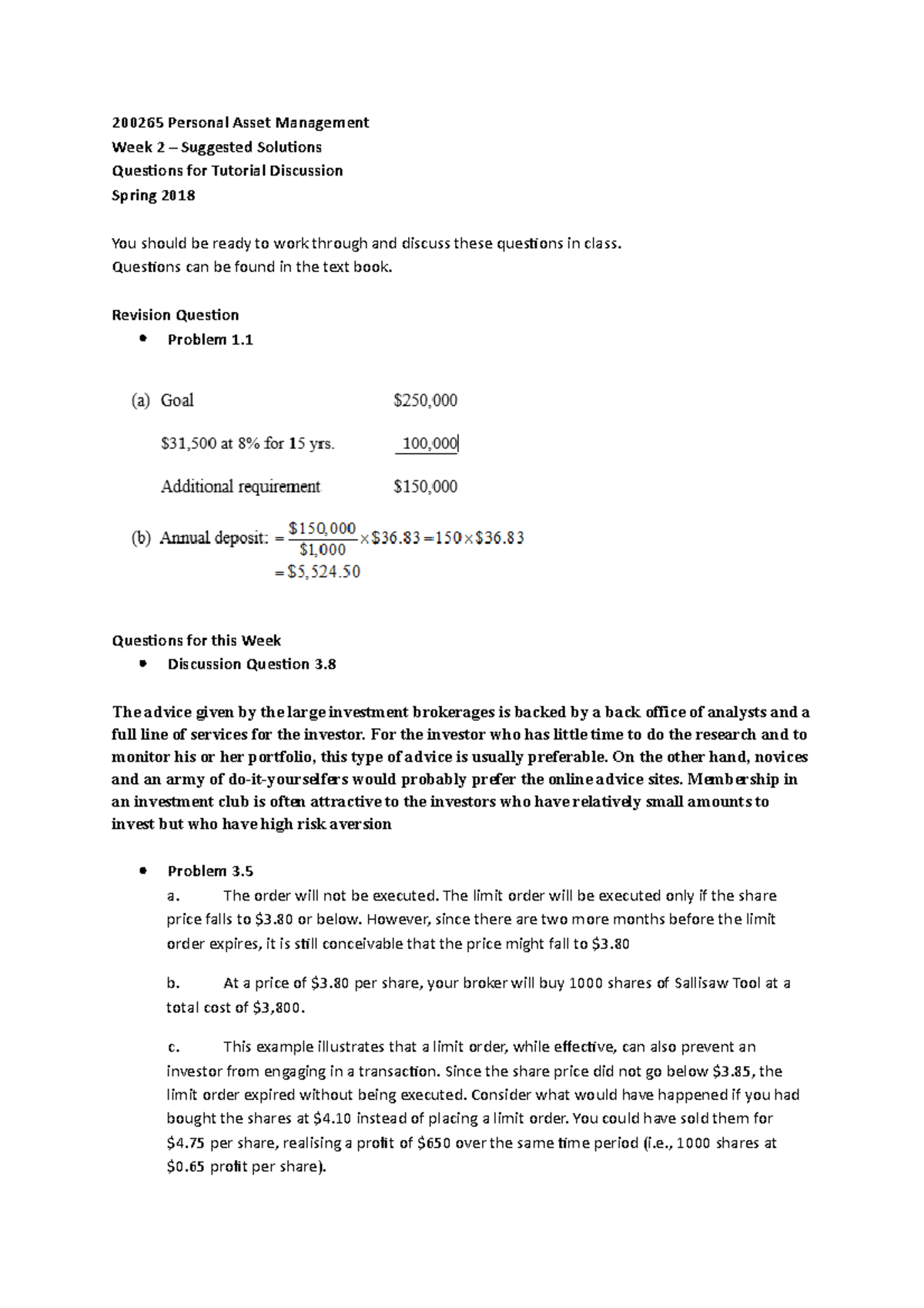 Week 2 Tutorial Questions - Suggested Solutions - 200265 Personal Asset ...