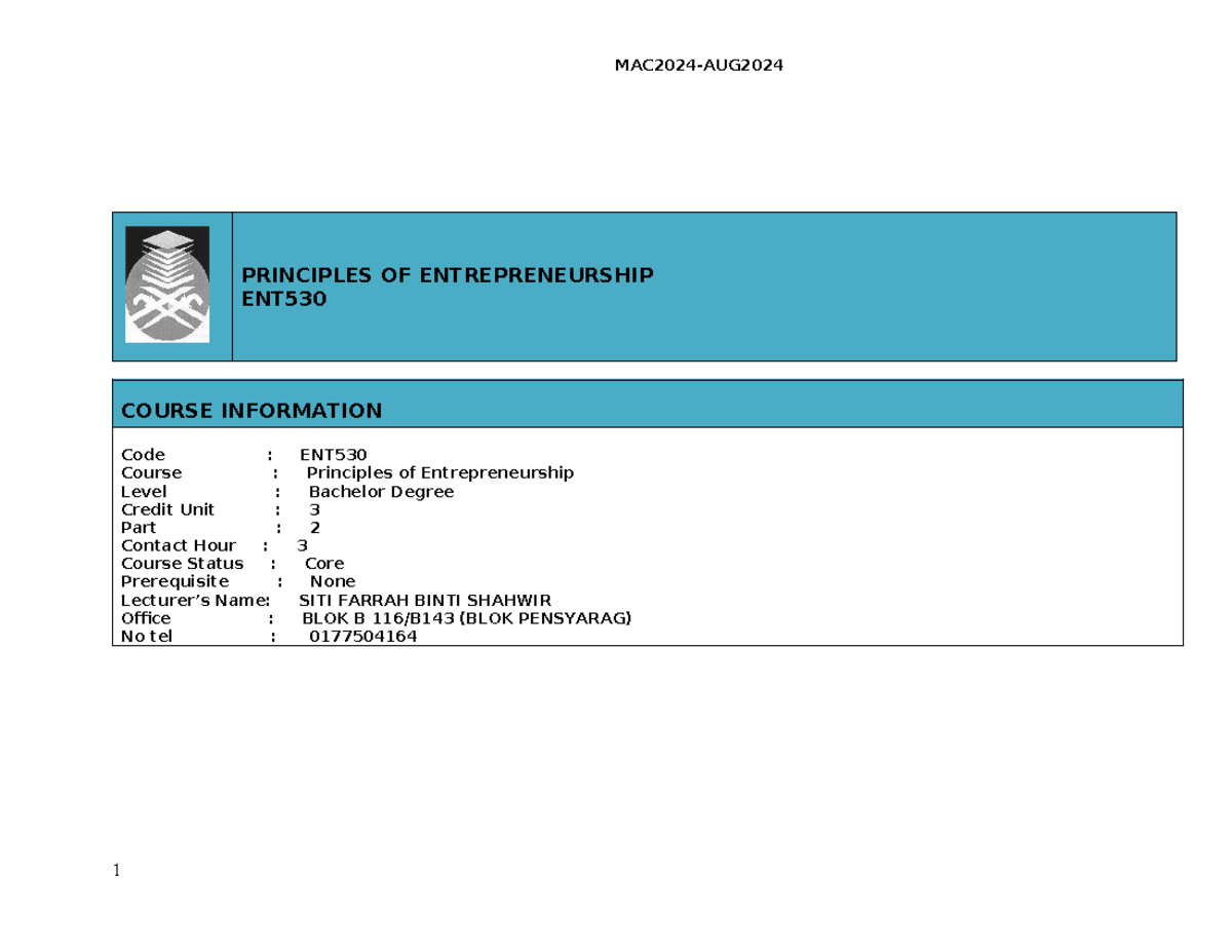 MAC 24 Lesson PLAN ENT530 Latest Farrah - PRINCIPLES OF ...