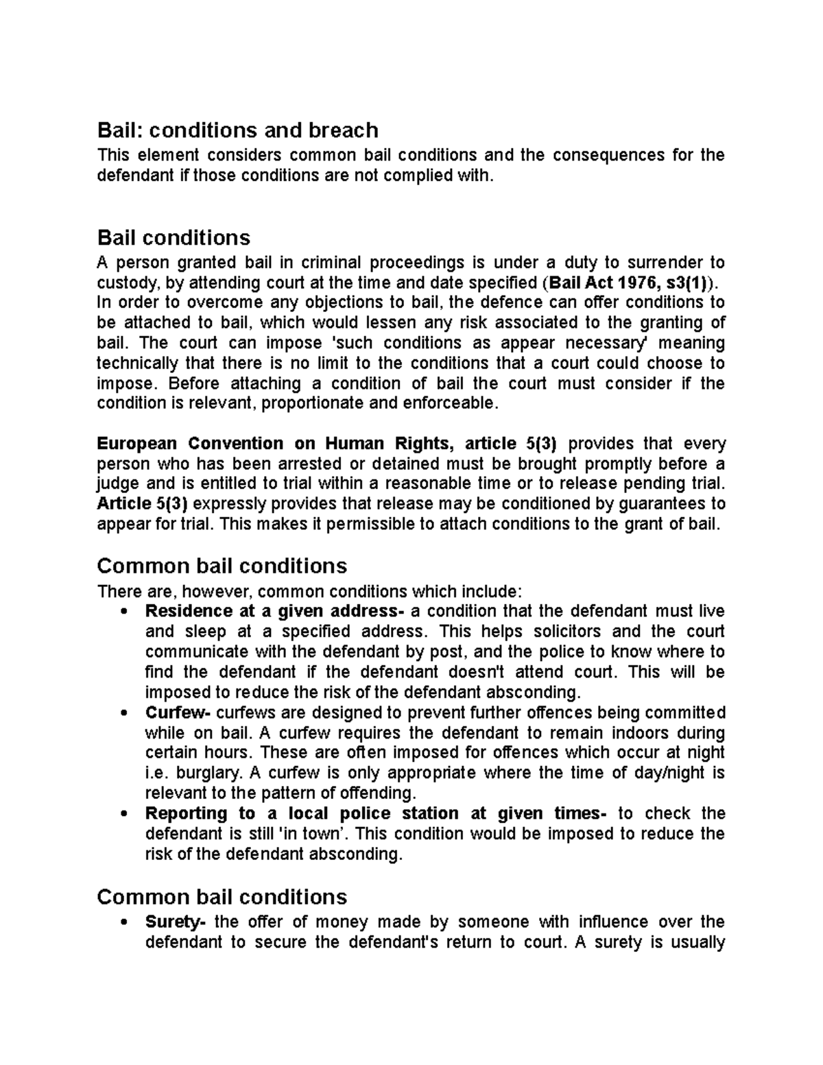 Bail- conditions and breach - Bail: conditions and breach This element ...