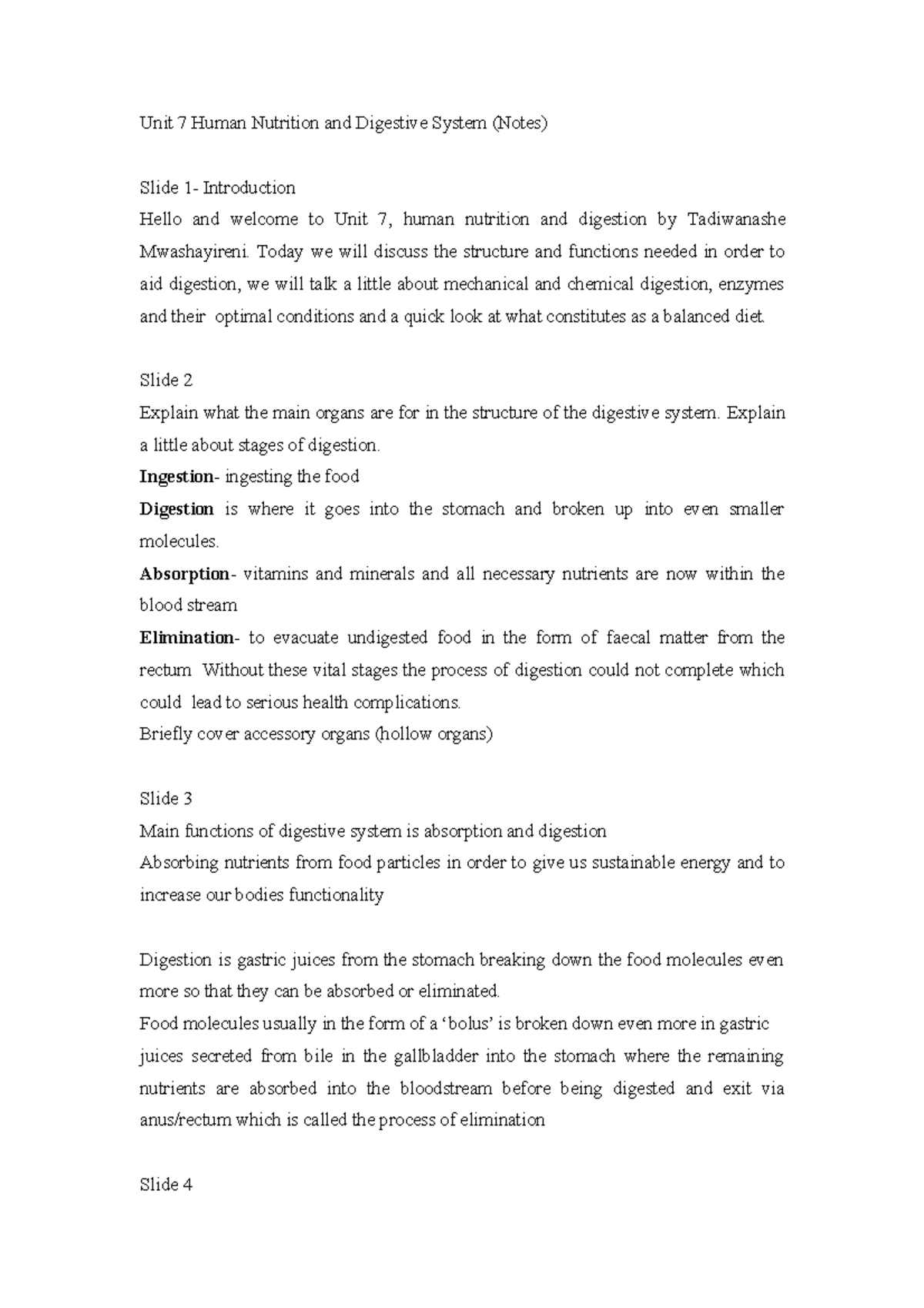 Unit 7 Human Nutrition and DIgestive System - Today we will discuss the ...
