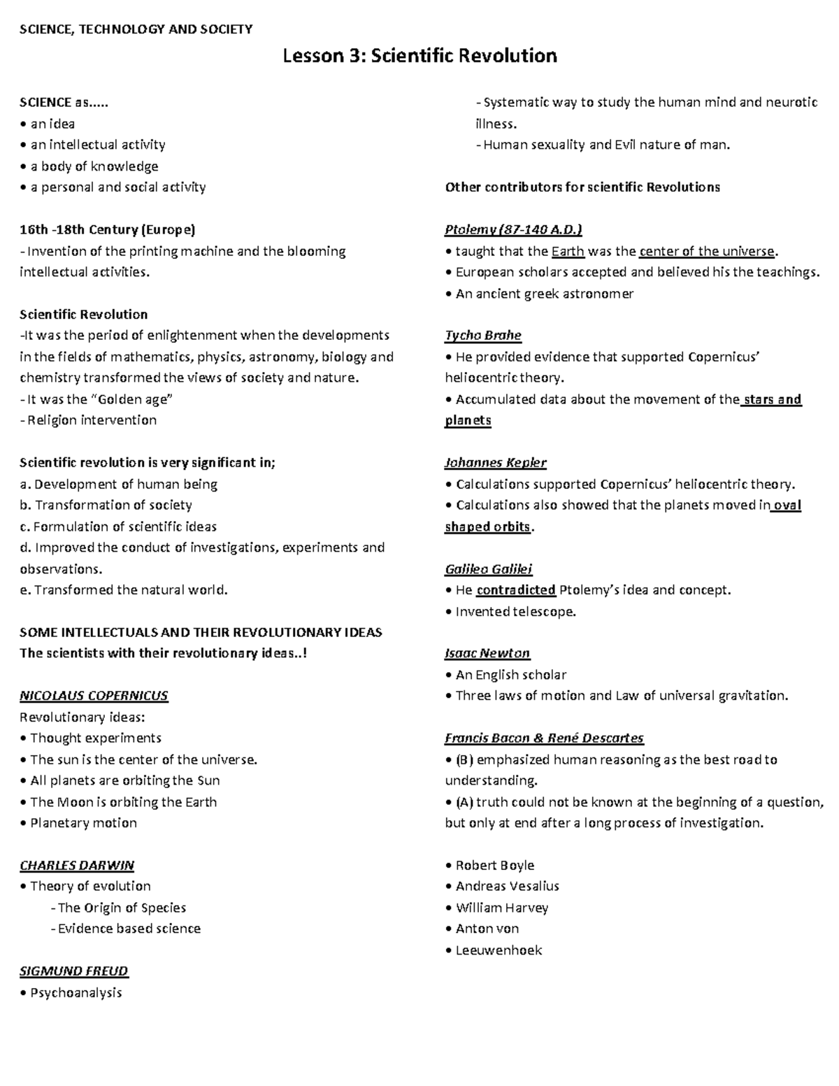 STS Lesson 3 - THE SCIENTIFIC REVOLUTION - SCIENCE, TECHNOLOGY AND ...