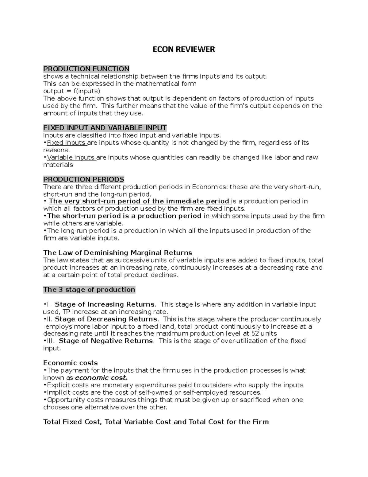 Document - reviewer - ECON REVIEWER PRODUCTION FUNCTION shows a ...