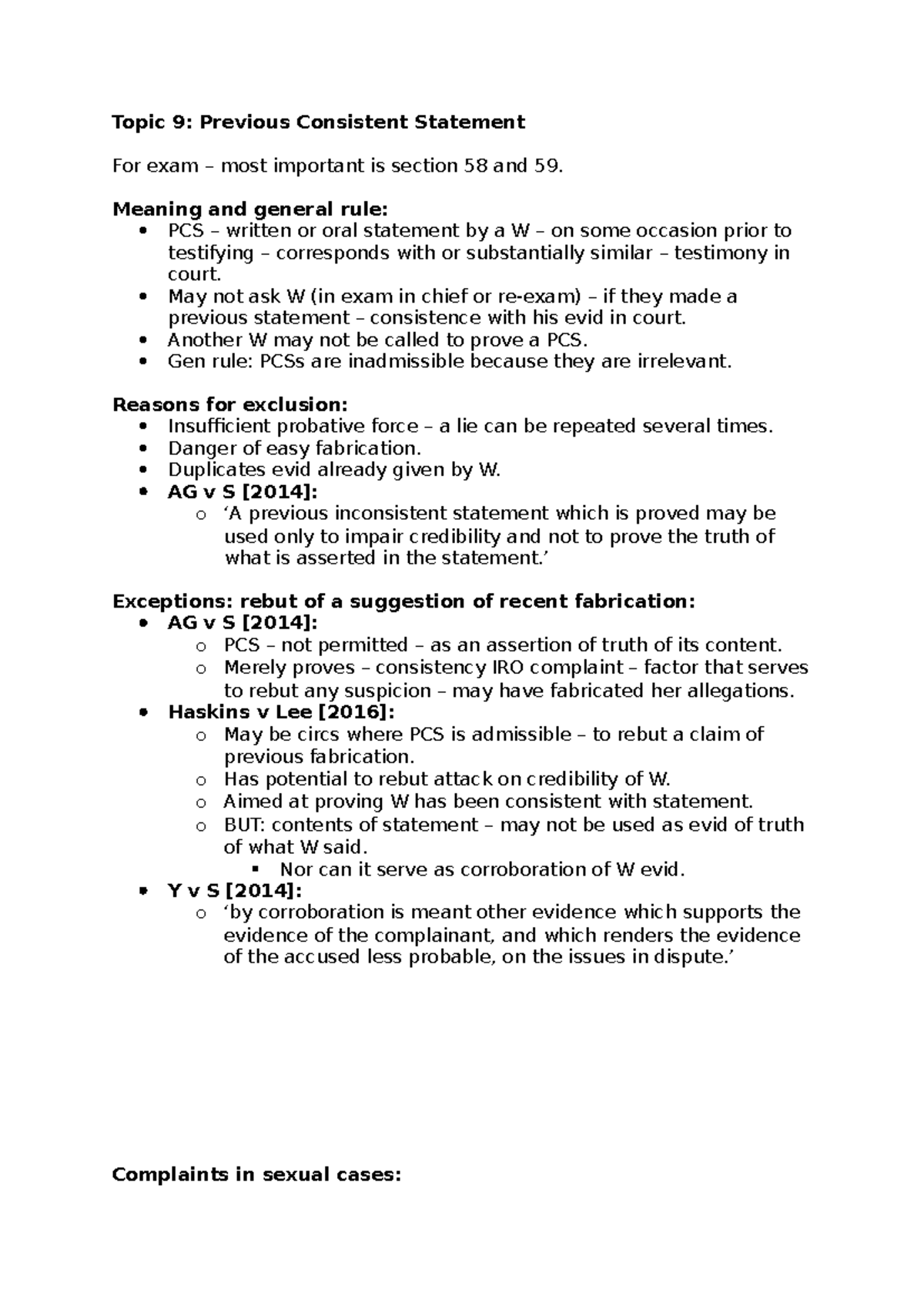 Previous consistent statement notes - Topic 9: Previous Consistent ...