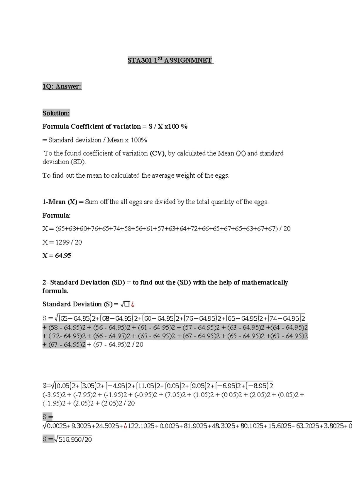 Solution STA301 Assigment 01 - STA301 1 ST ASSIGNMNET 1Q: Answer: Solution: Formula Coefficient ...