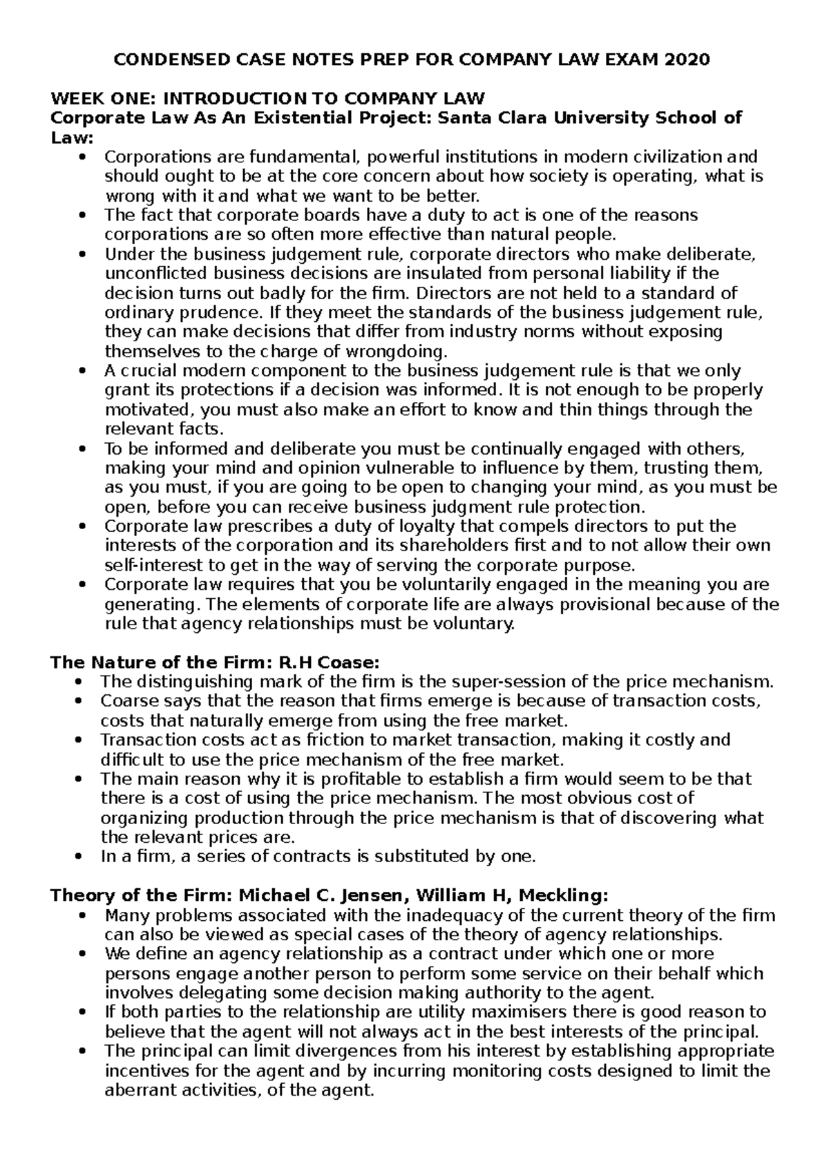 Company Law Lecture and Reading Notes AUT - CONDENSED CASE NOTES PREP ...