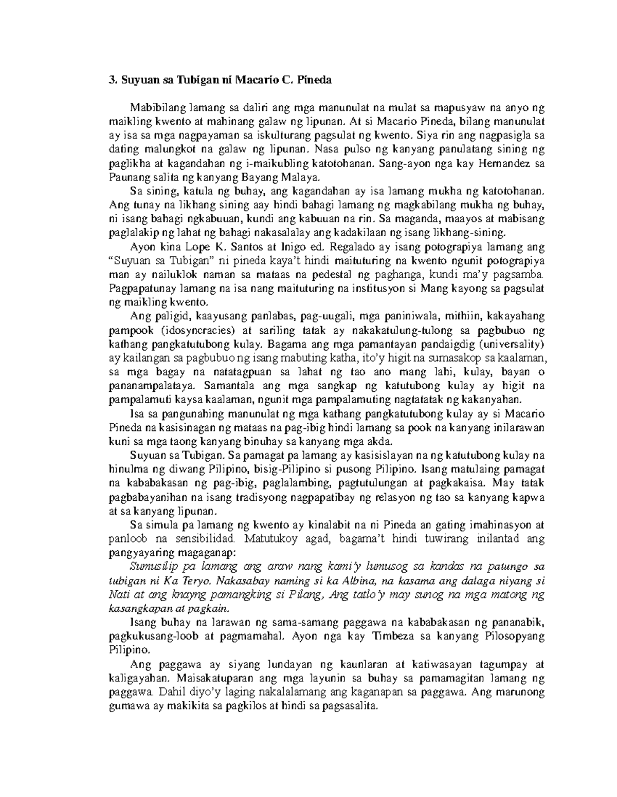 Panunuring pampanitikan - 3. Suyuan sa Tubigan ni Macario C. Pineda ...
