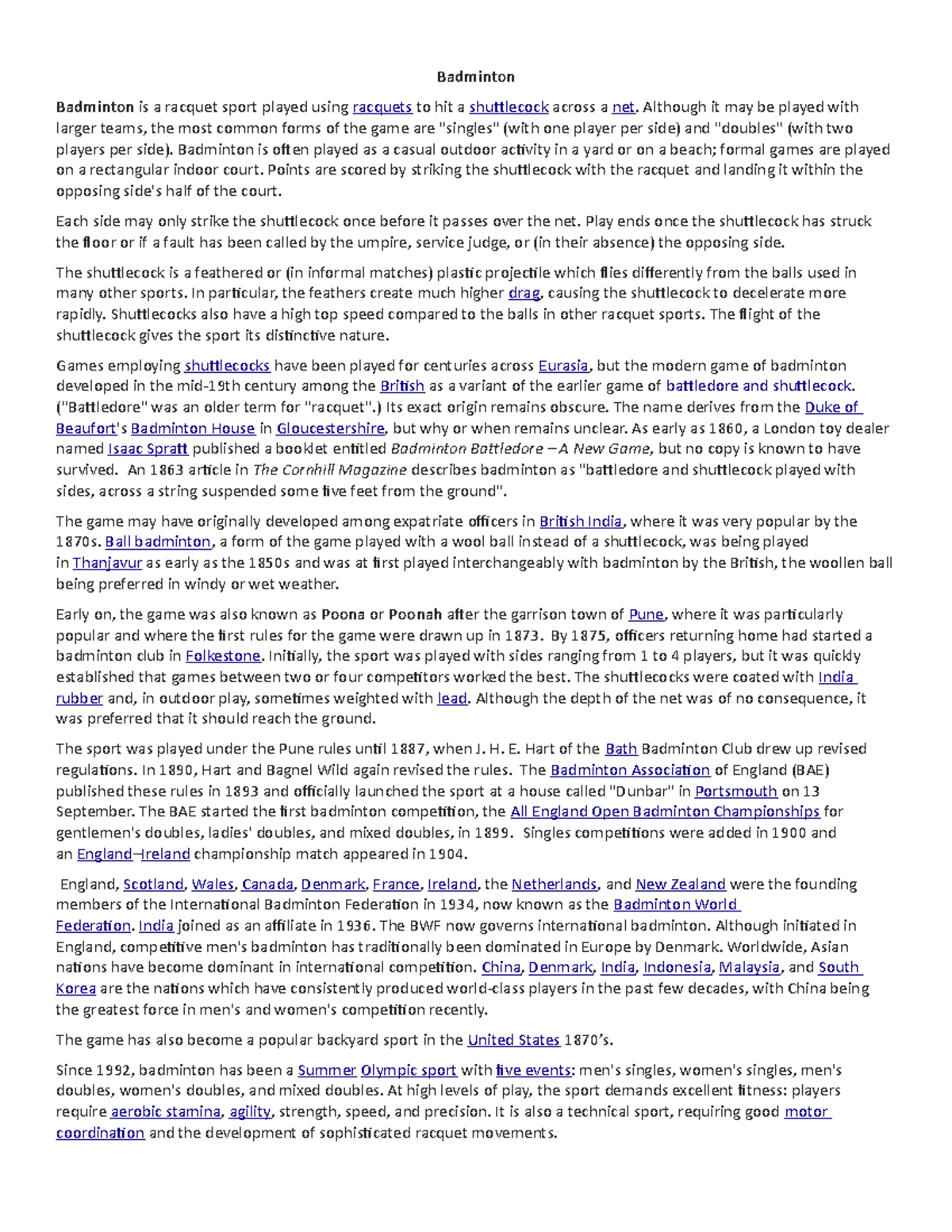 Badminton Notes - Badminton Badminton is a racquet sport played using ...