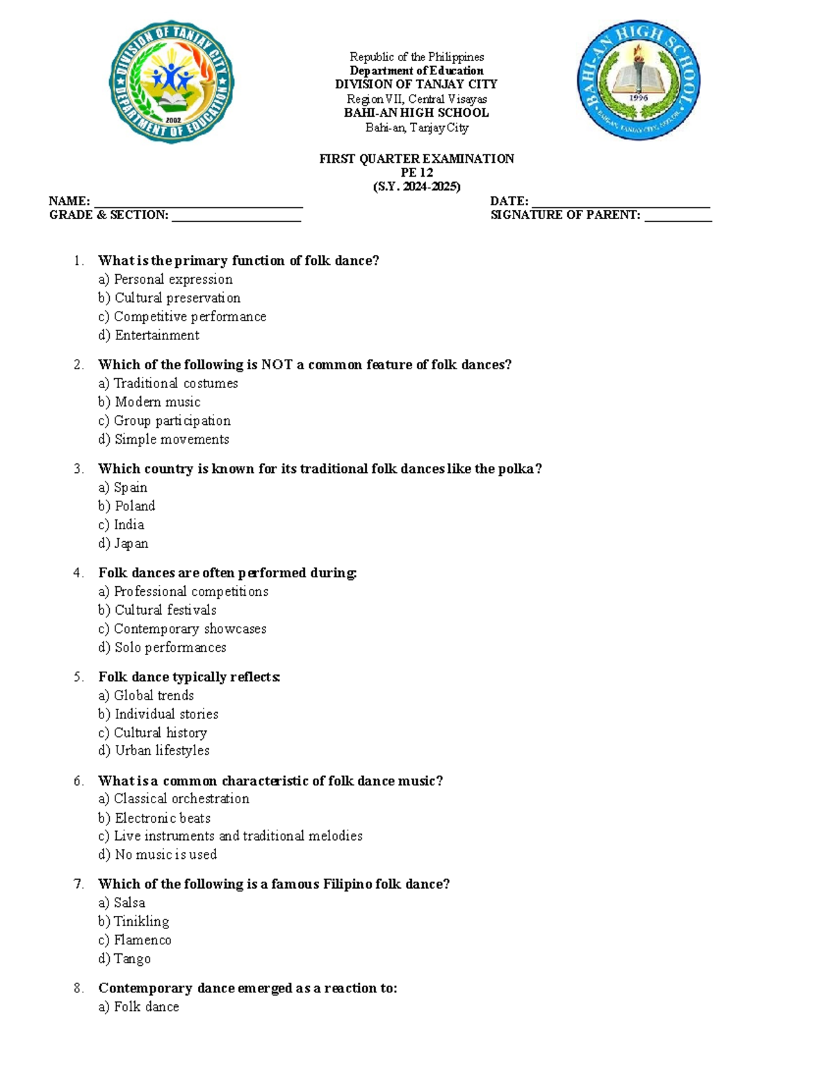 Pe 12 1st quarter exam - exam - Republic of the Philippines Department ...