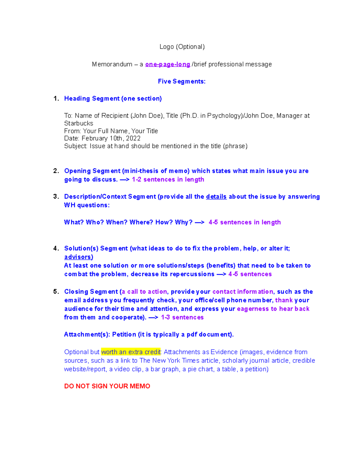 (A) Memorandum Outline - Logo (Optional) Memorandum – a one-page-long ...