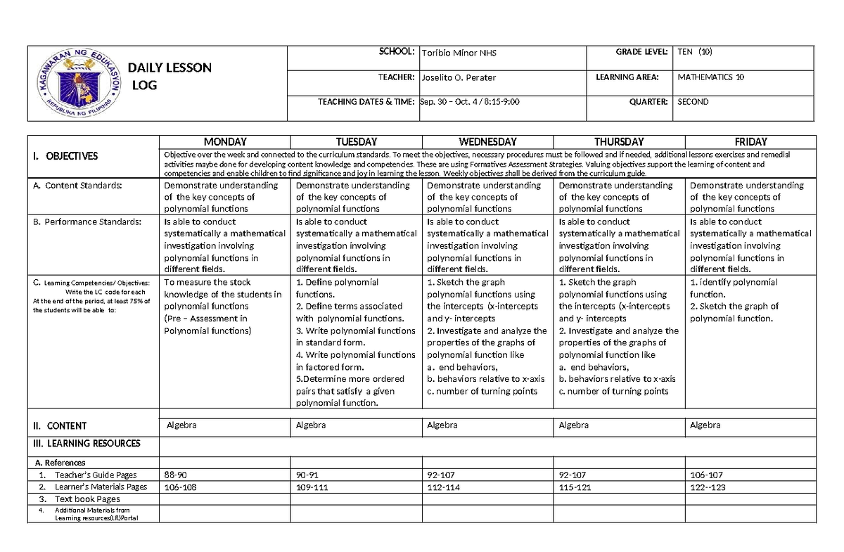 Math10dll Secondq - educational purposes - DAILY LESSON LOG SCHOOL ...