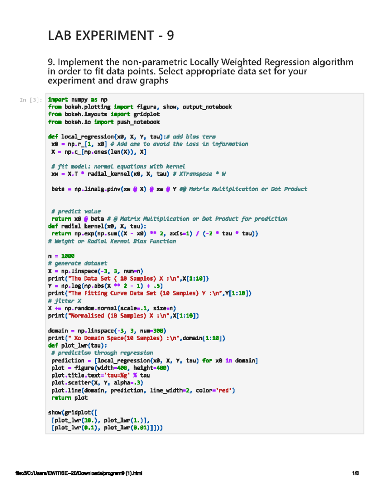 Exp9 - LAB - LAB EXPERIMENT 9 9. Implement the Locally Weighted Regression algorithm in order to ...