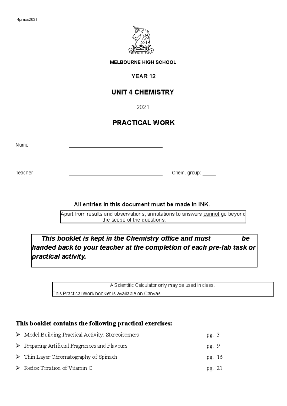2021 Unit 4 Prac book - asf - 4pracs MELBOURNE HIGH SCHOOL YEAR 12 UNIT ...