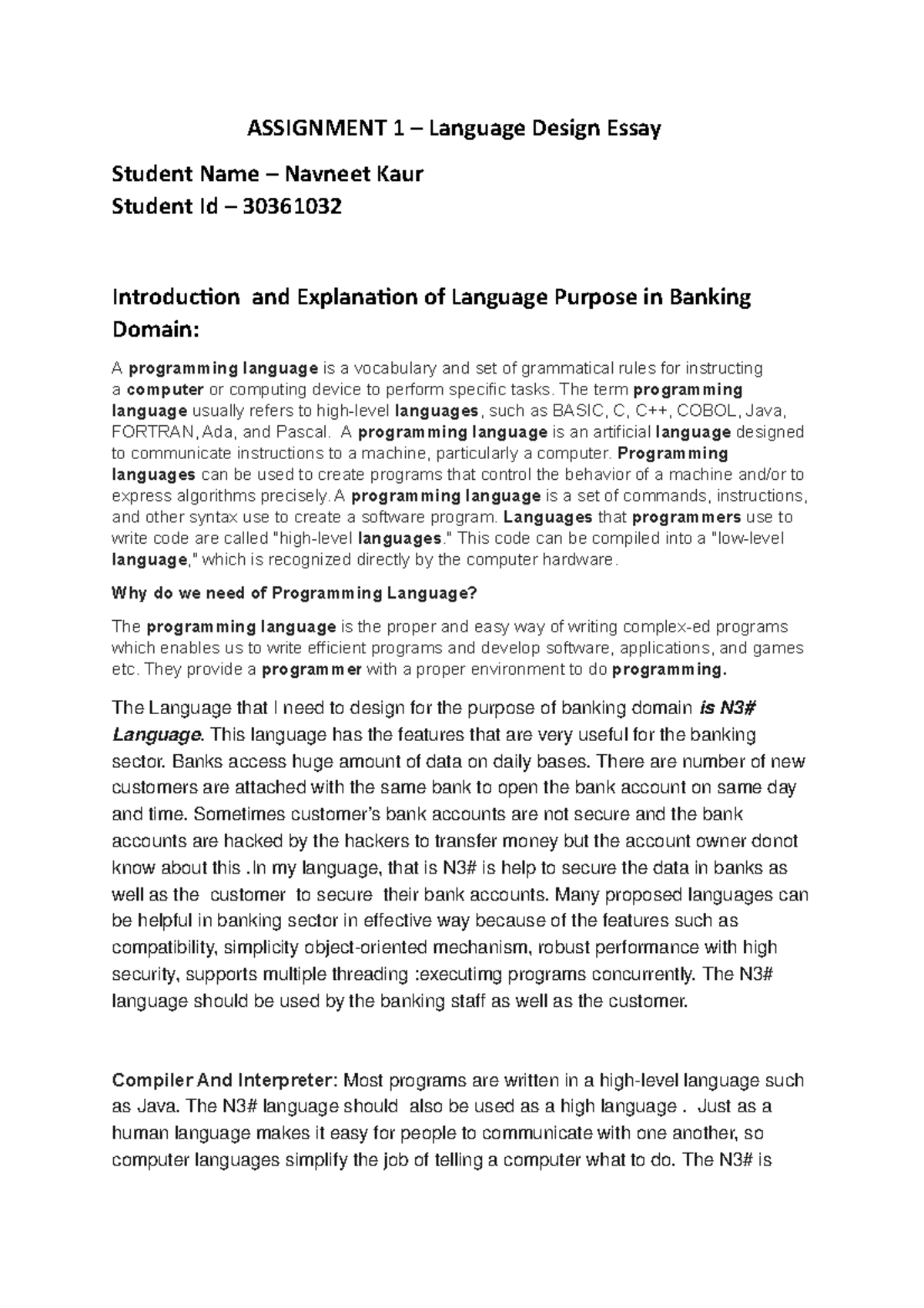 Assignment 1 compartive language - ASSIGNMENT 1 – Language Design Essay ...