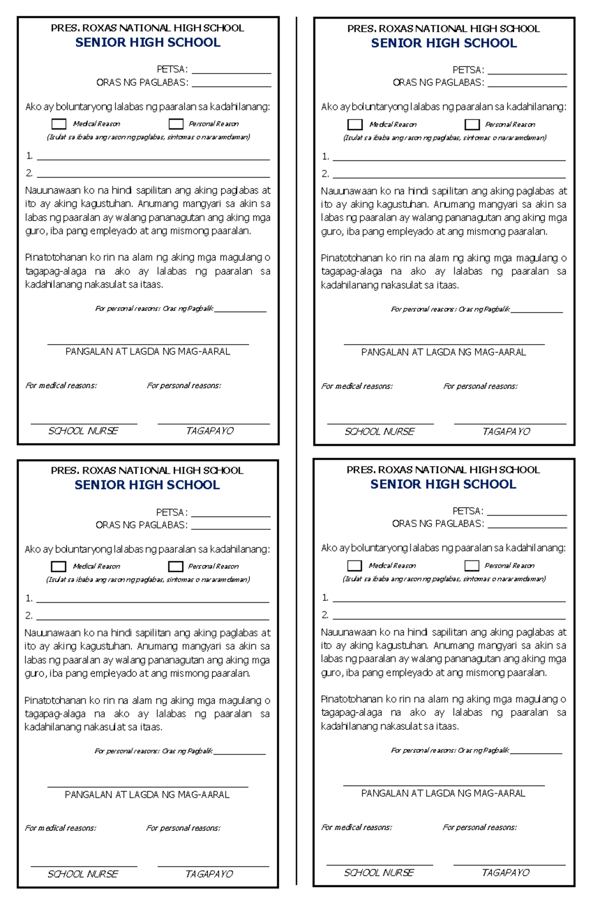 GATE PASS SHS - Gate Pass - PRES. ROXAS NATIONAL HIGH SCHOOL SENIOR ...